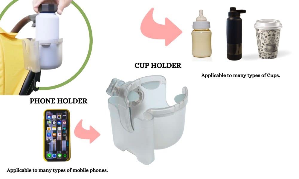 JASMARAZZRE Stroller Cup Holder with Phone Holder, Stroller organizer, accessories for bike, scooters, wheelchair, walking aid. Universal fit Clear