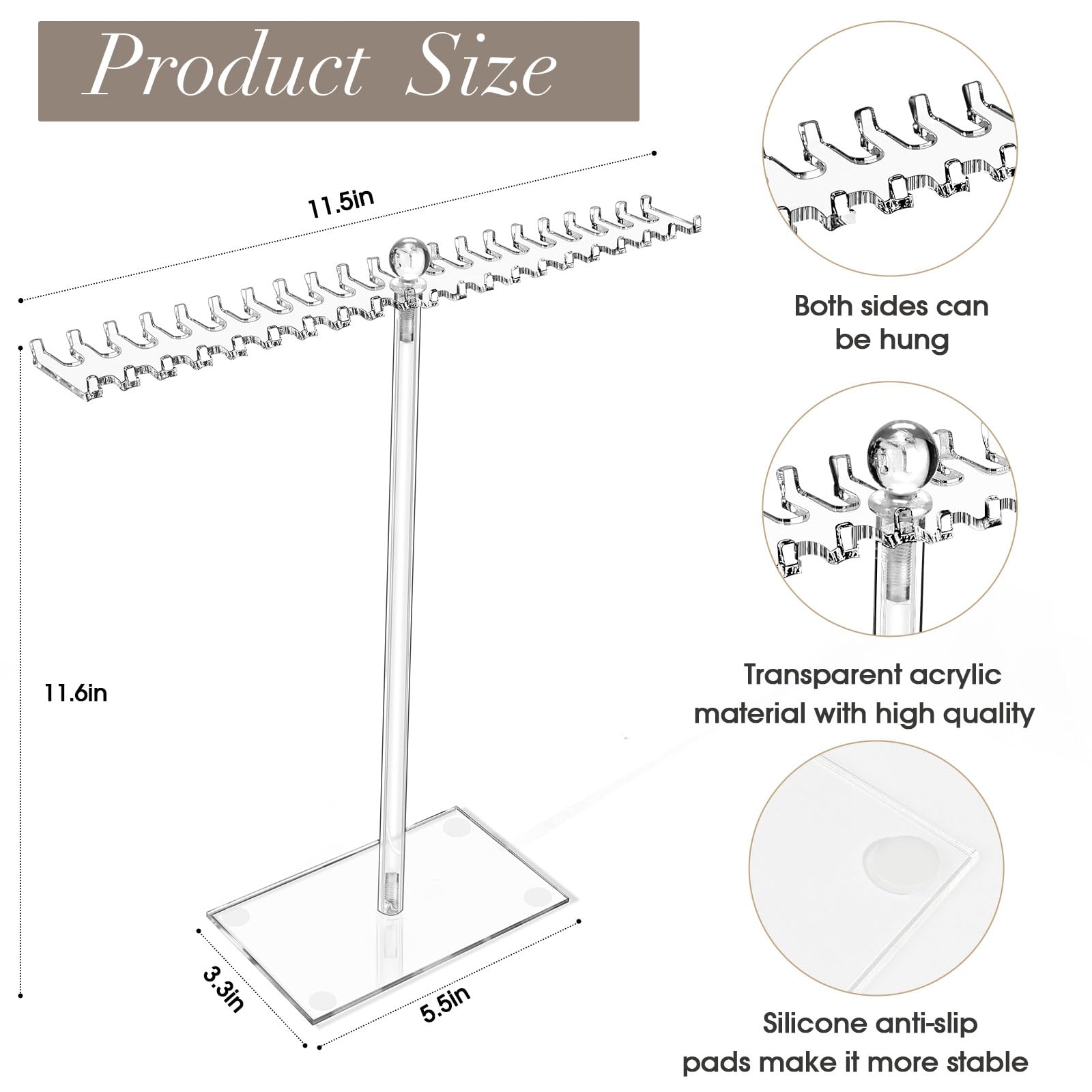 OAOLEER Acrylic Necklace Organizer, Clear Necklace Holder Stand, Jewelry Organizer Display Hanger Rack with Bilateral Hooks for Necklaces Pendant Bracelets Ring (Tall 11.6 in)