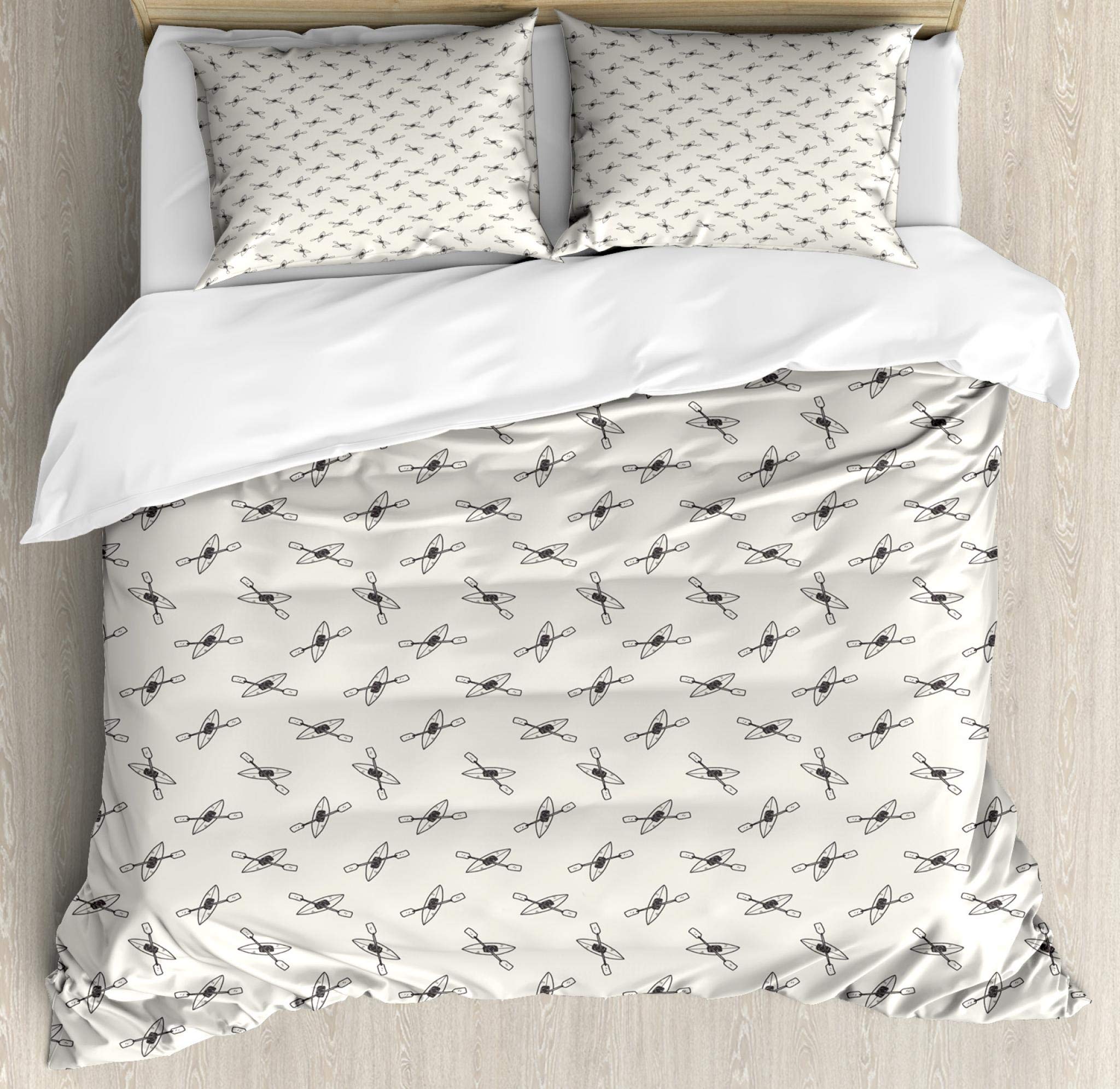 Lunarable Canoe Duvet Cover Set, Doodle Style Prehistoric Boat Design with Paddles Hand Drawn Pattern, Decorative 3 Piece Bedding Set with 2 Pillow Shams, Queen Size, Charcoal Grey Coconut
