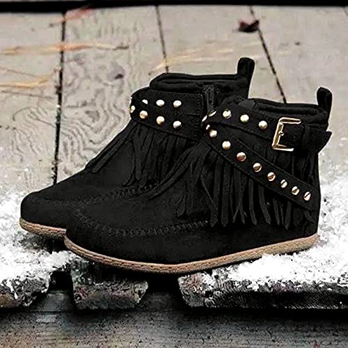 FASDNENDYS Shoes Short Booties Round Zipper Toe Women Flat Color Solid Retro Tassel Women's Boots Infant Boots Black