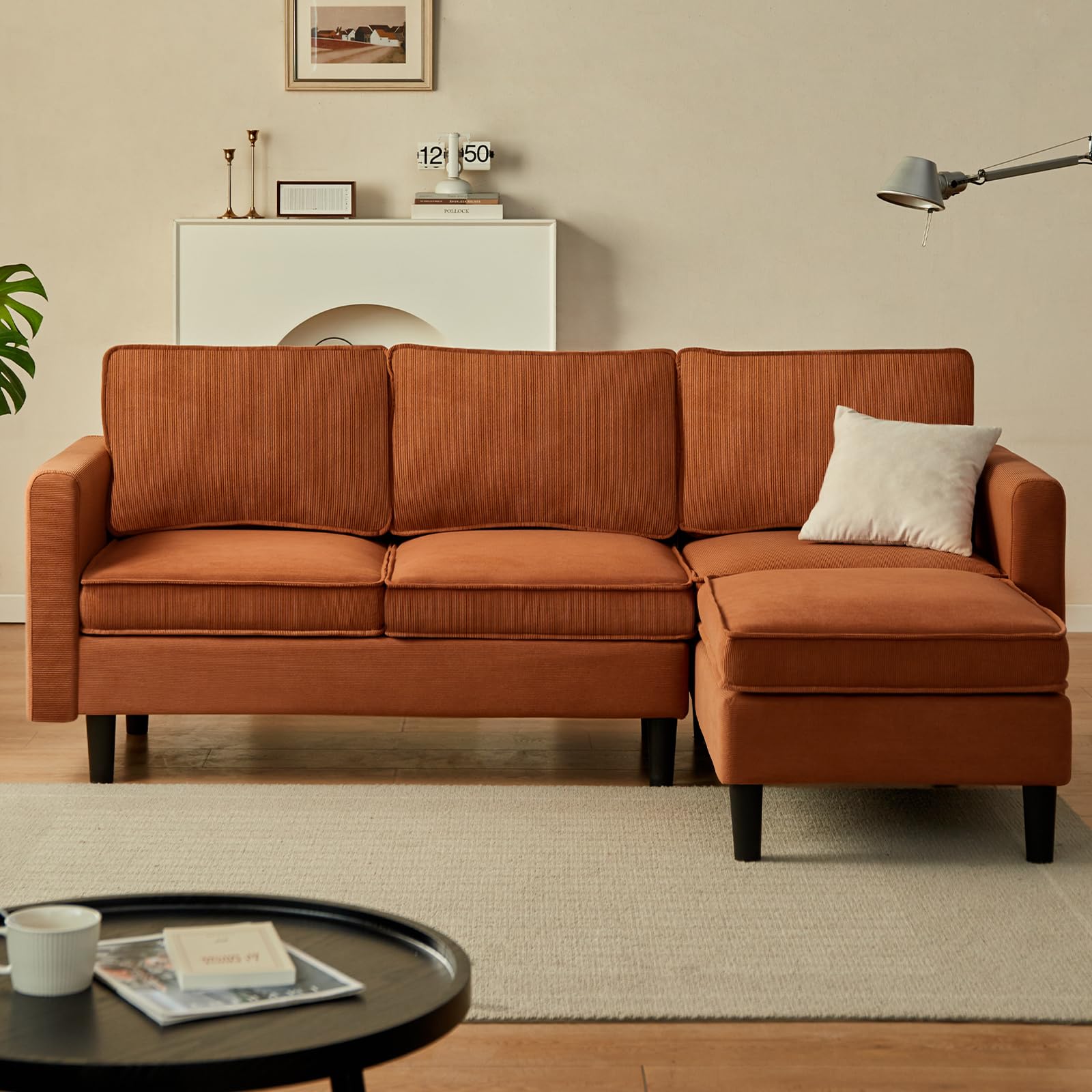 Mxfurhawa L Shaped Couch, 3 Seat Linen Futon Sofa Bed, Convertible Sleeper Sofa with Tapered Wood Legs, Mid Century Modern Couches for Bedroom Black