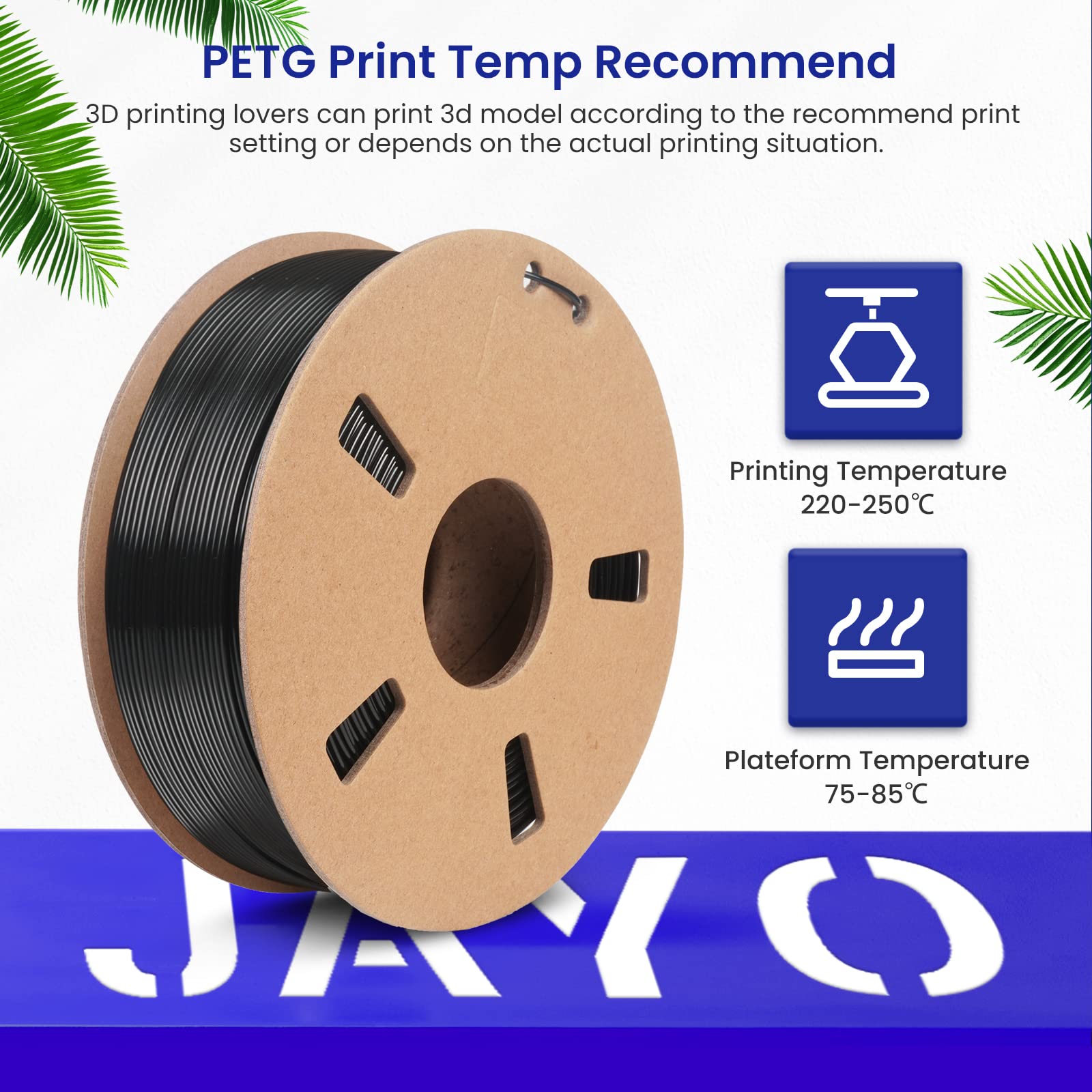 JAYO PETG 3D Printer Filament Bundles, PETG Filament 0.65KG*8 Rolls Cardboard Spools 1.75mm, Consumable Dimensional Accuracy +/-0.02mm, 5.2KG Printing Material Fits FDM 3D Printers, PETG 650G×8 Colors
