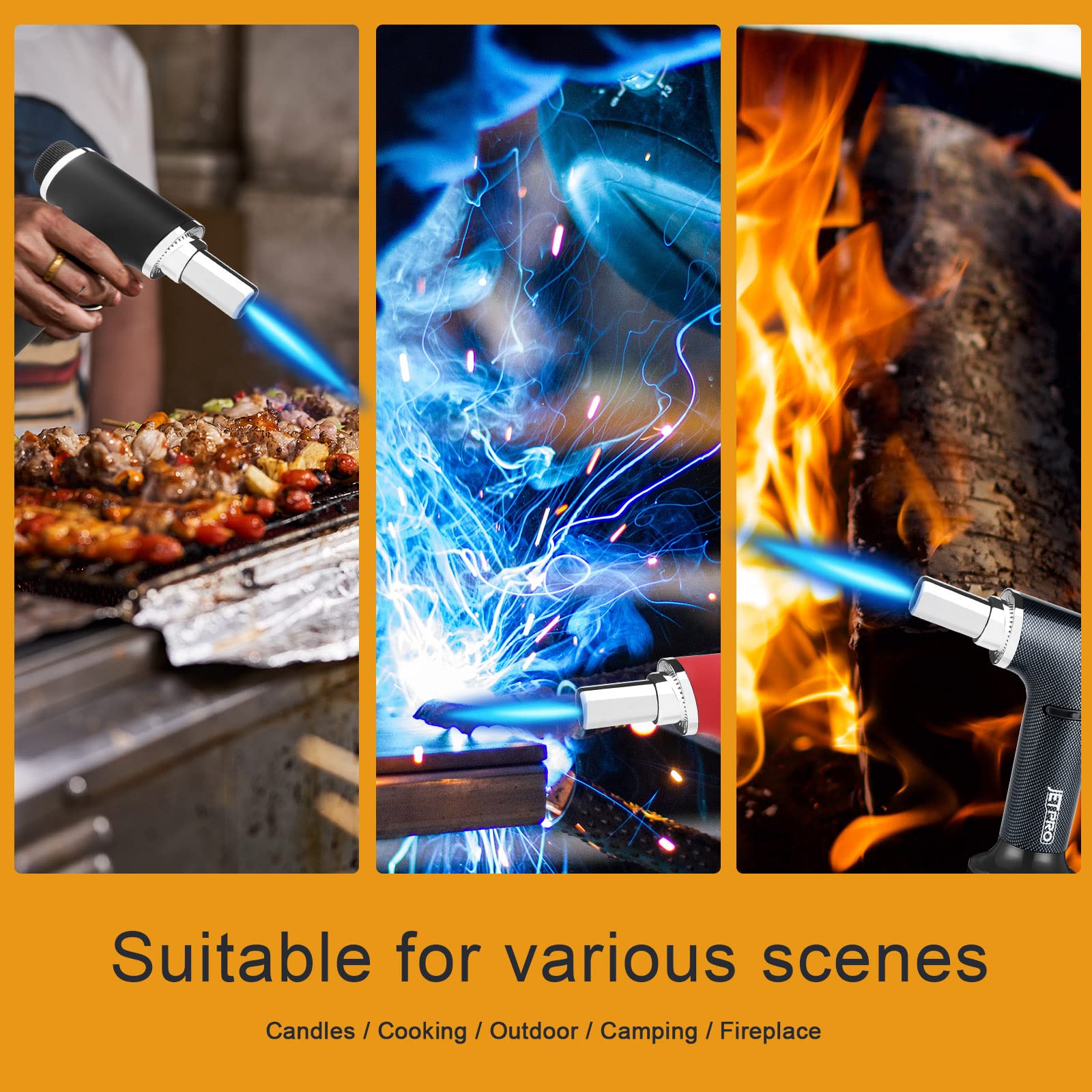 JETPRO Butane Torch Lighter One-hand Operation Kitchen Cooking Torch with Adjustable Flame for BBQ, Baking, Cream (Butane Gas Not Included) (red)