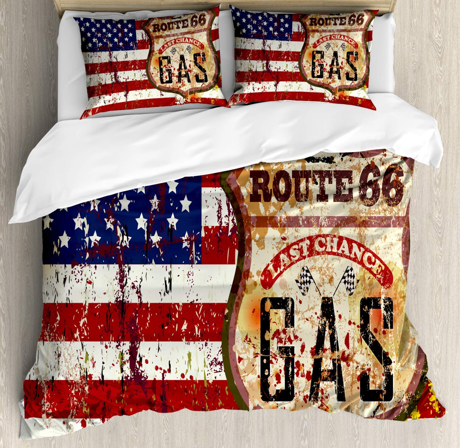 Lunarable Route 66 Duvet Cover Set, American Flag with Grunge Stripes and Stars National Highway Scenic Road Trip, Decorative 3 Piece Bedding Set with 2 Pillow Shams, Queen Size, Red Blue