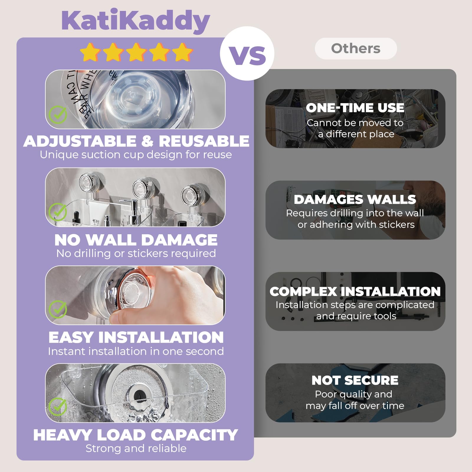 KatiKaddy Suction Cup Shower Caddy 2-Pack Set, No-Drilling New Home Decor Essentials, Large&Small Shower Organizer Shelf, Rustproof Sturdy Accessories Storage Rack, For Apartment Wall Bathroom Dorm RV