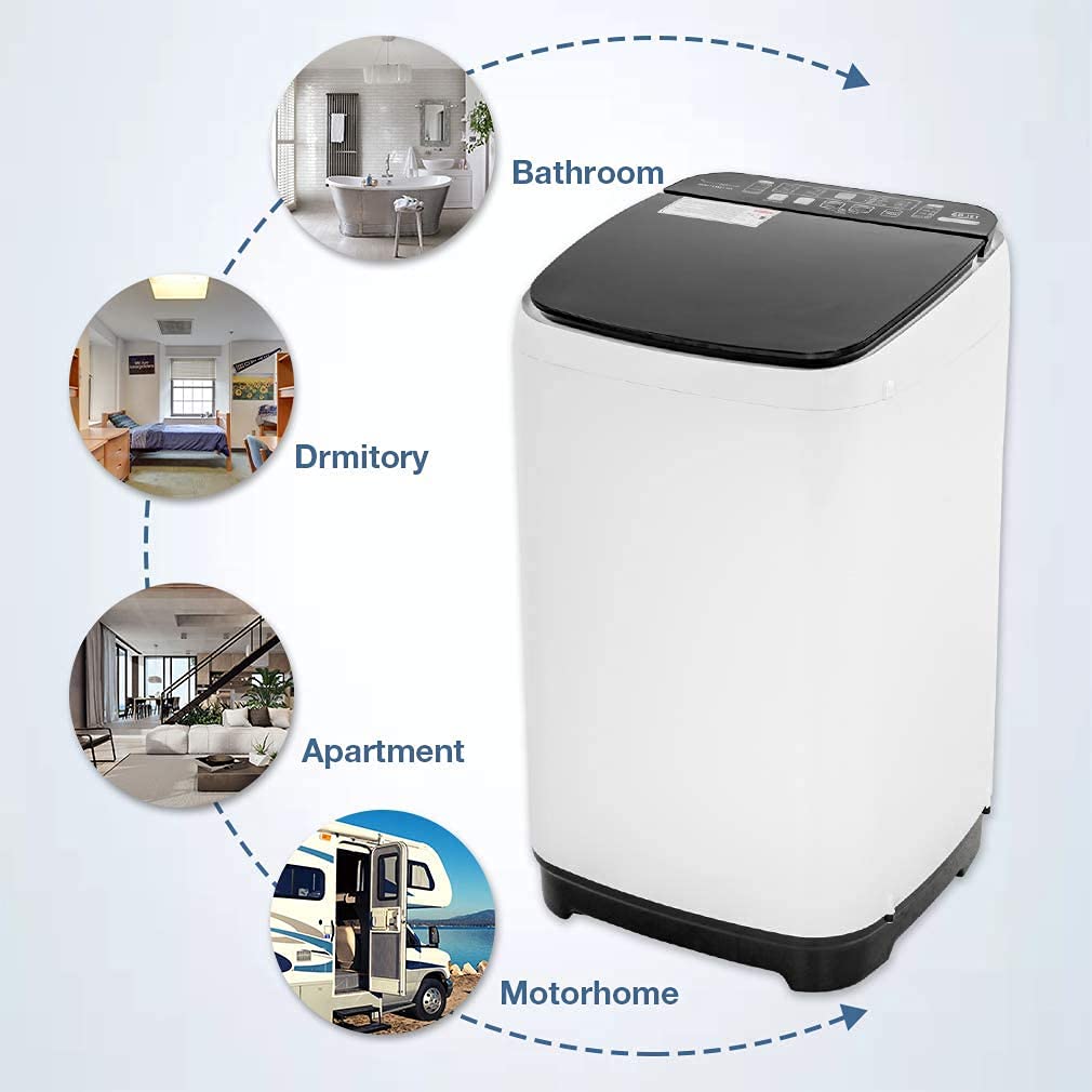 Portable Washing Machine Full-Automatic Washer and Spin Dryer 12lbs Capacity Compact 1.01 Cu.ft Laundry Washer Spin with Long Hose for Apartments Camping,White & Black
