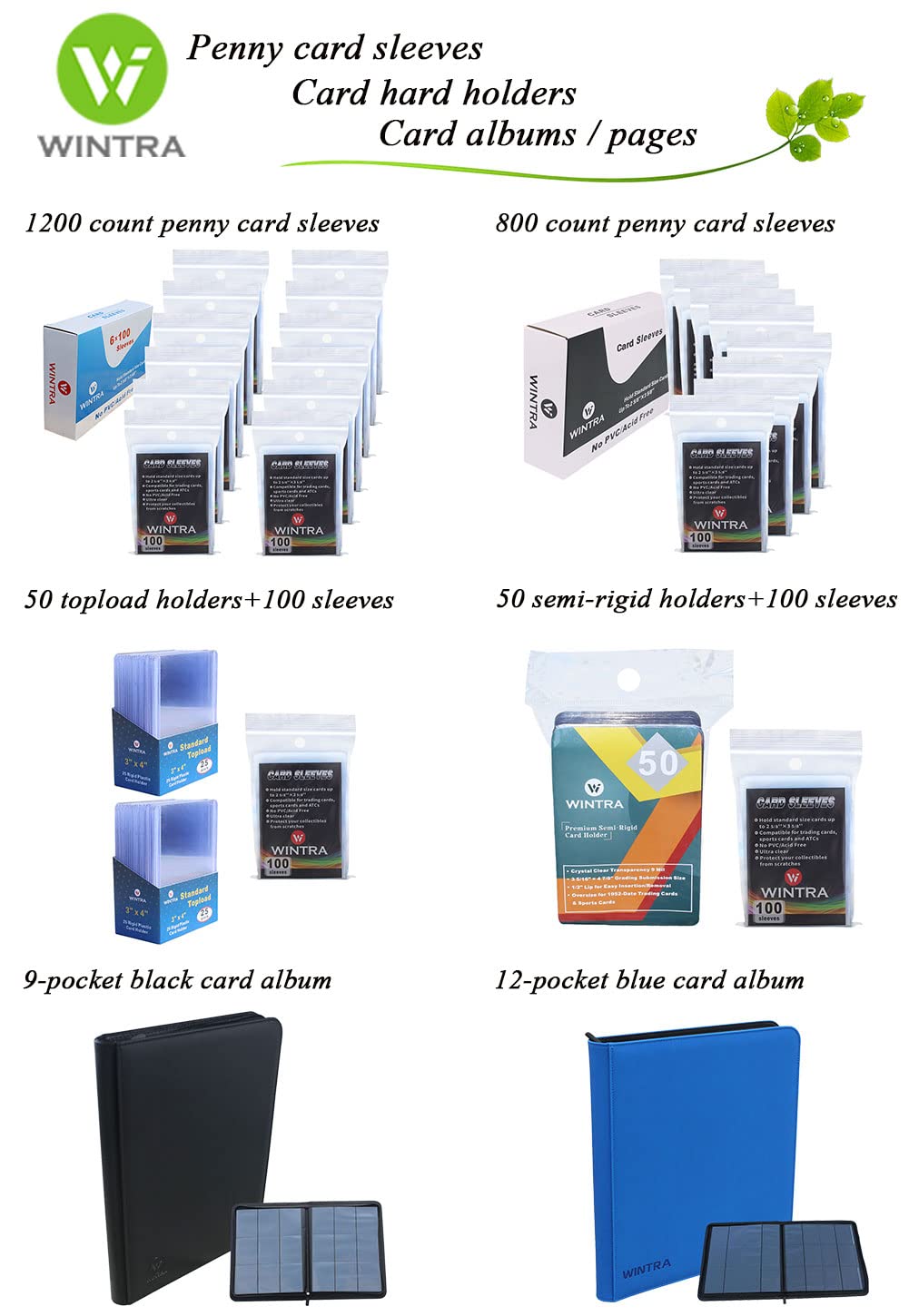 WINTRA 1800 Pockets Trading Card Pages, 9-Pocket Side-Loading Card Sleeves Protectors, Sports Card Collector Album Sheets for Ring Binder(100 Background Pages)