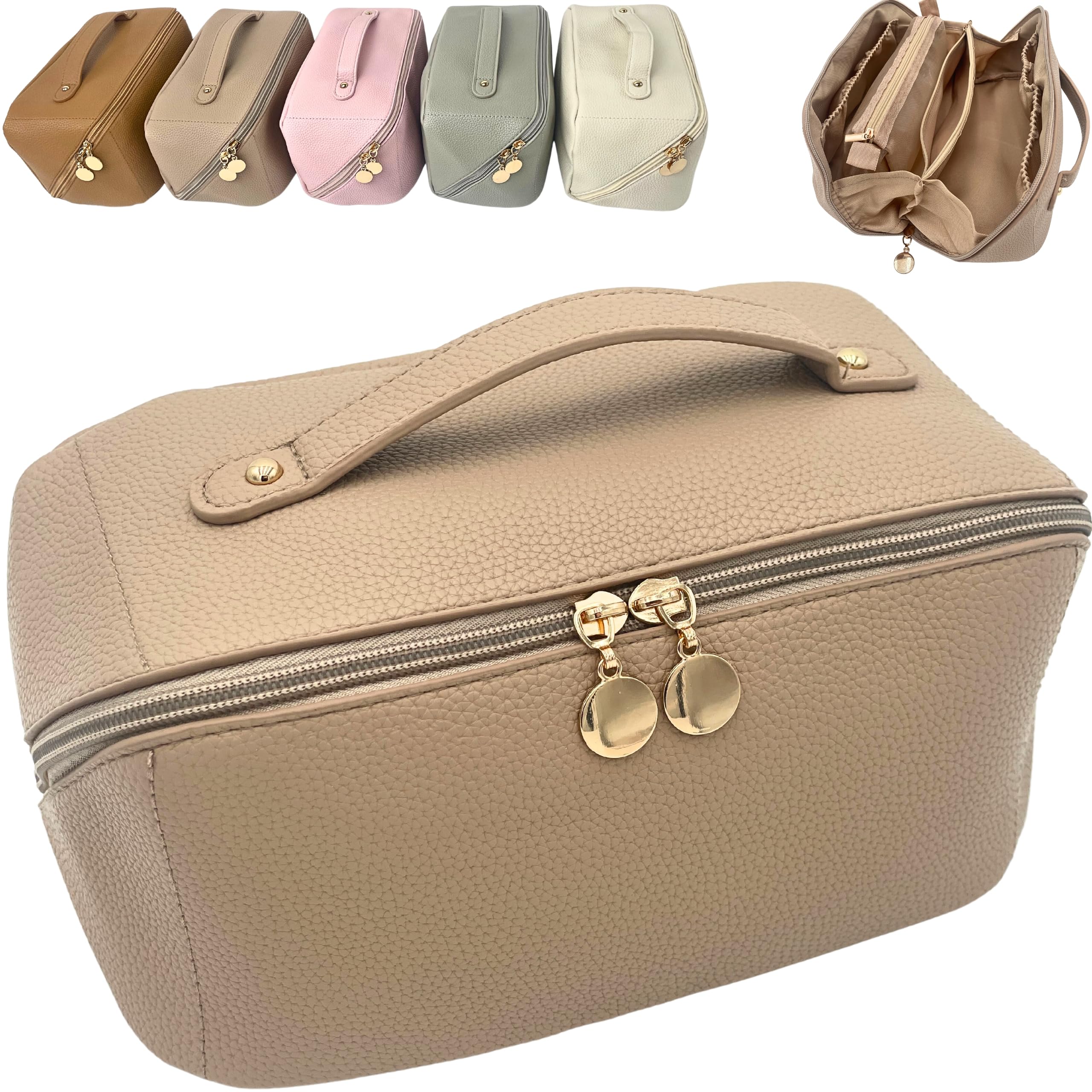 JAZD Large Capacity Travel Cosmetic Bag - Makeup Bag Opens Flat for Easy Access - Leather Waterproof Portable Cosmetics Bag with Handle, Divider - Toiletry Make up Organizer Bag.