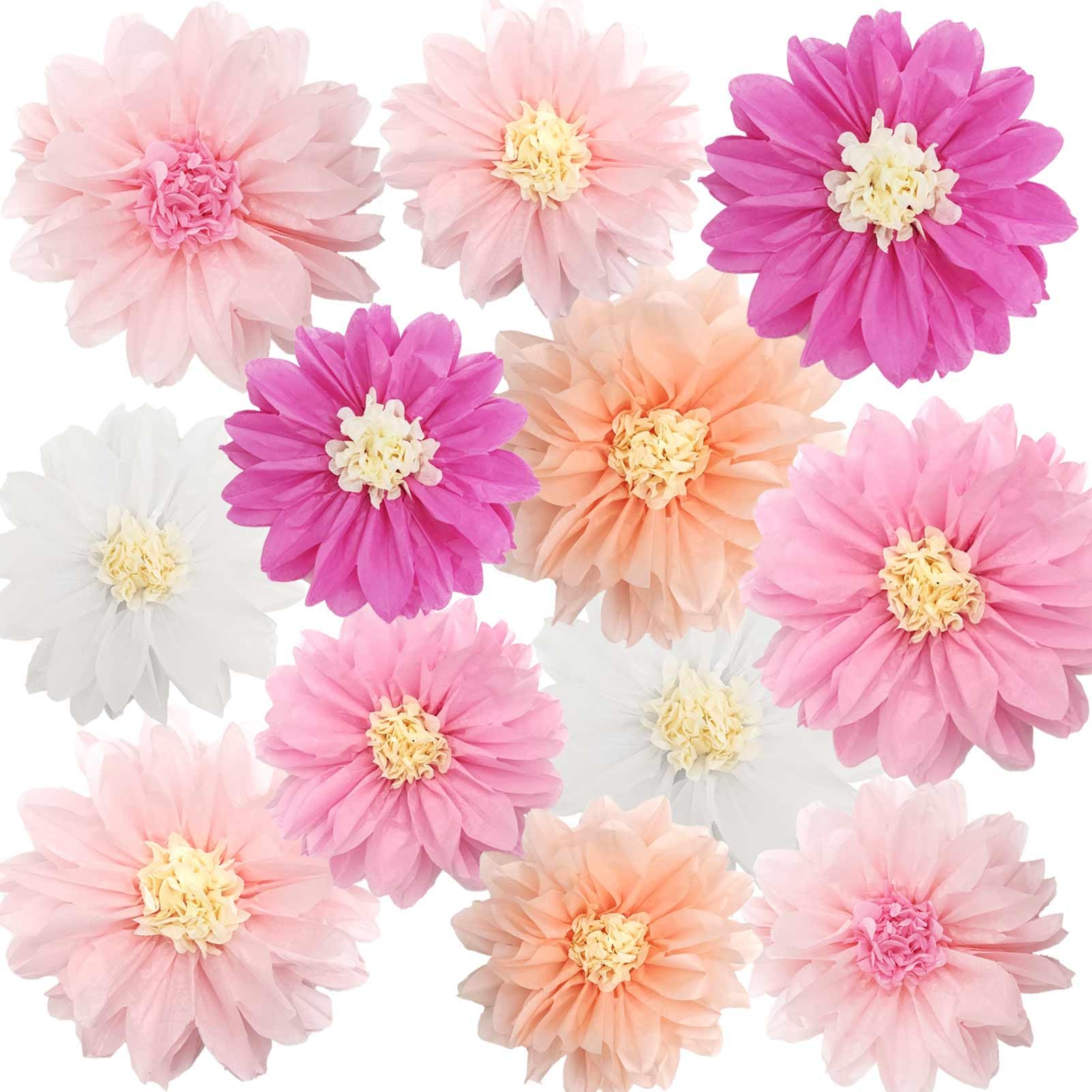 iwlorys 12Pcs Assorted Pink Tissue Paper Pom Poms Flowers Party Decorations Kit 12" 8" Mexican Floral Light Hot Rose Pink Peach for Wall Wedding Baby Bridal Shower Girls Birthday Nursery Garden Tea