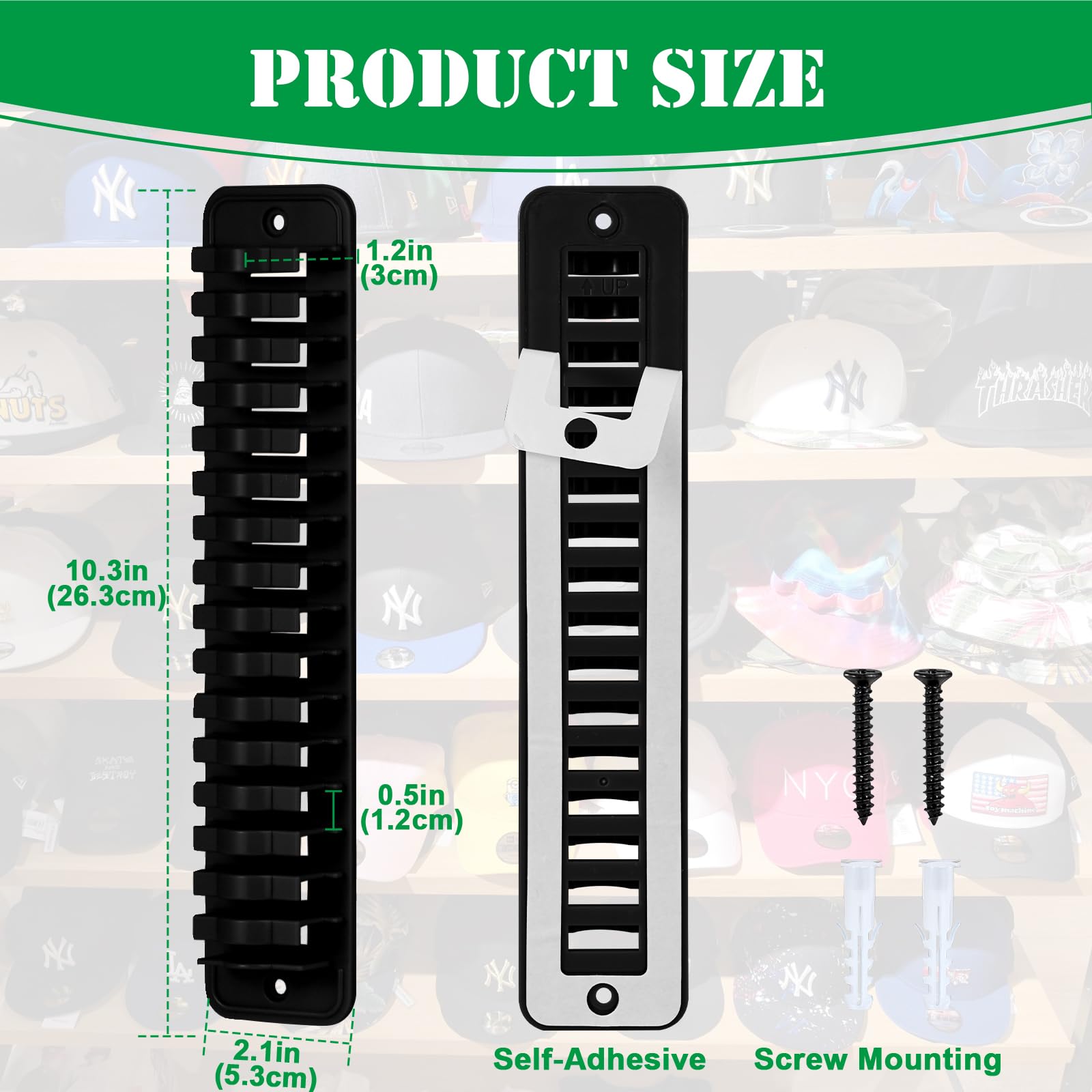 NAZZO Hat Rack for Baseball Caps, Hat Holder Organizer Display for Wall, Door, Closet, Bedroom, 1Pack Holds Up To 16 Hats, Adhesive or Drilling Double Use Cap Storage Hook, Black