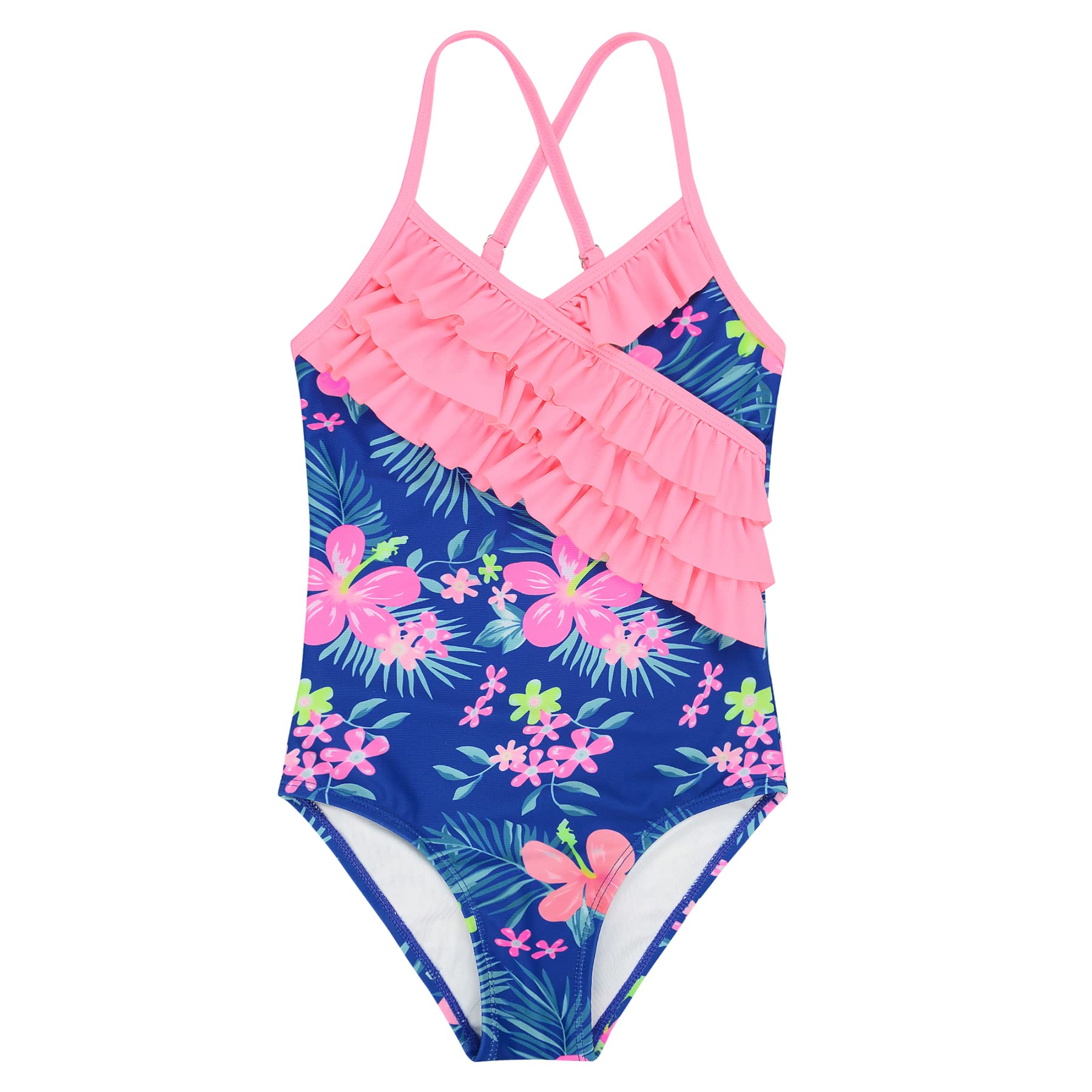 Zando Little Girls Bathing Suits One Piece Ruffle Kids Swimsuits One-Piece Baby Girls Swimsuit Size 7 Girls' Ruffle Sling Swim Suits UPF 50+ Beach Girls Bathing Suit 8 Years Blue Pink Ruffles 6-7