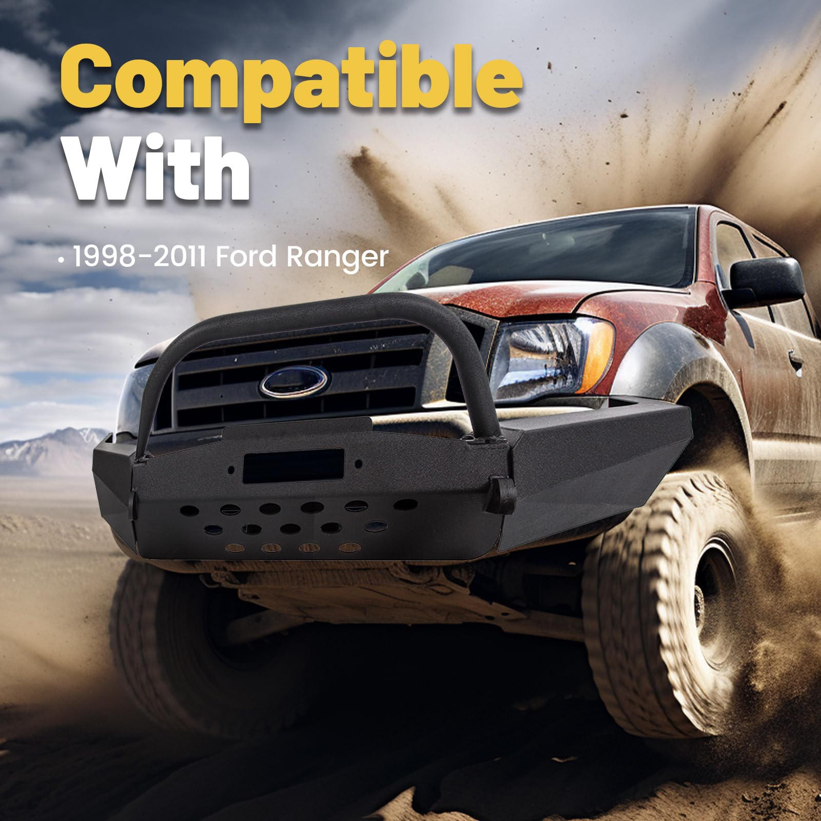 ECOTRIC Front Bumper Compatible with 1998-2011 Ford Ranger W/Winch Plate Bull Bar D-Ring Mounts Bumper Assembly Steel Powder Coated Black