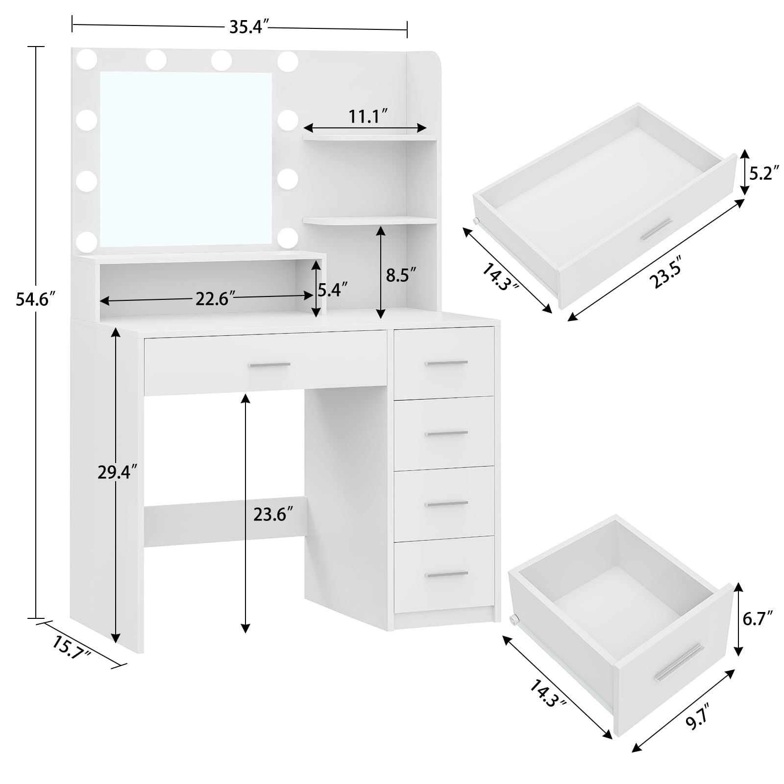 Quimoo Makeup Vanity Desk with Mirror & Lights, Vanity Desk with 5 Drawers & Storage Shelves, Vanity Table, 3 Color Modes & Adjustable Brightness Dressing Table, Bedroom