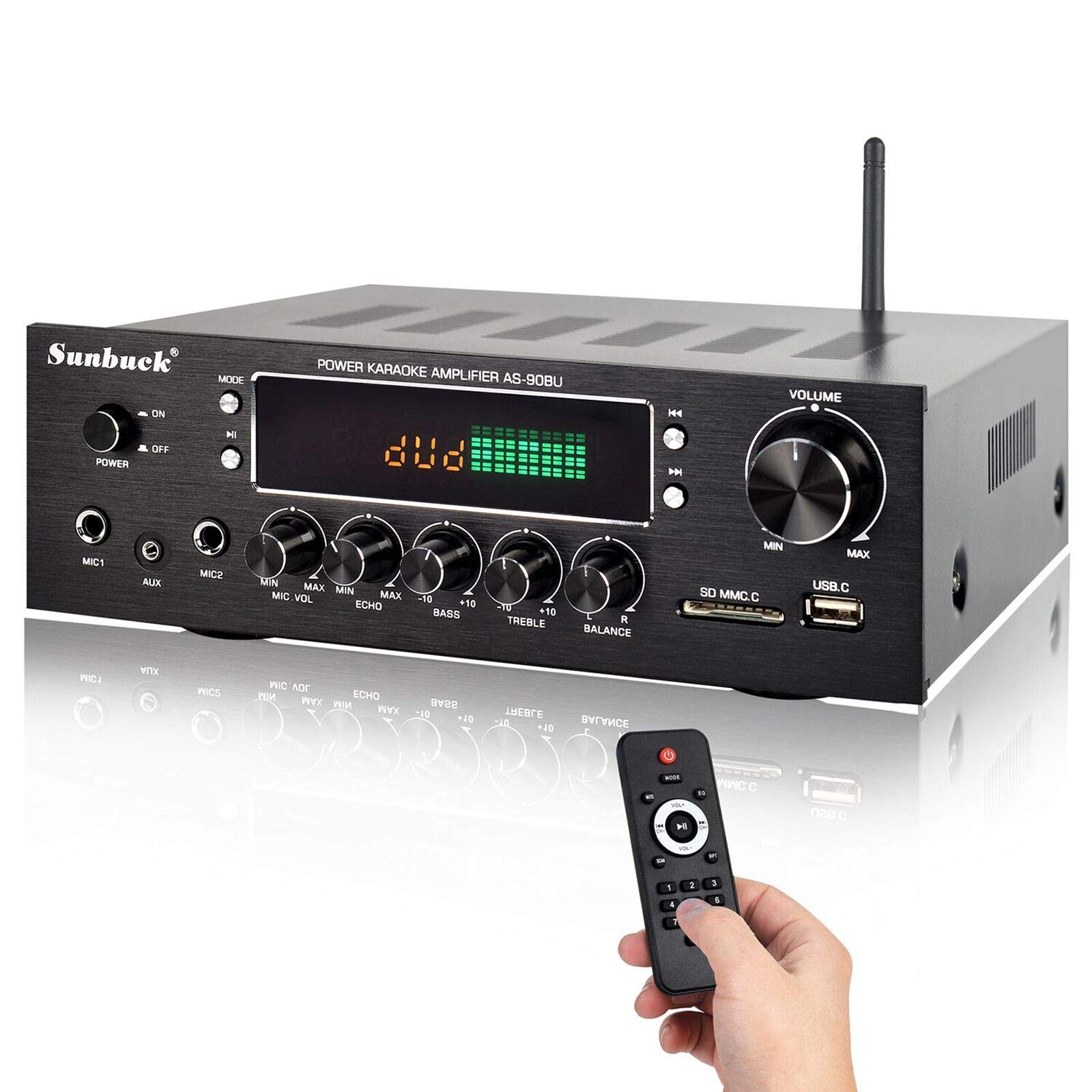 Wireless Bluetooth Home Audio Amplifier – 400W Dual Channel Home Theater Sound Compact Stereo Receiver System w/FM Radio, USB/SD, AUX, RCA, Mic in, Remote Control for Sweet Sound. (Sunbuck AS-90BU)