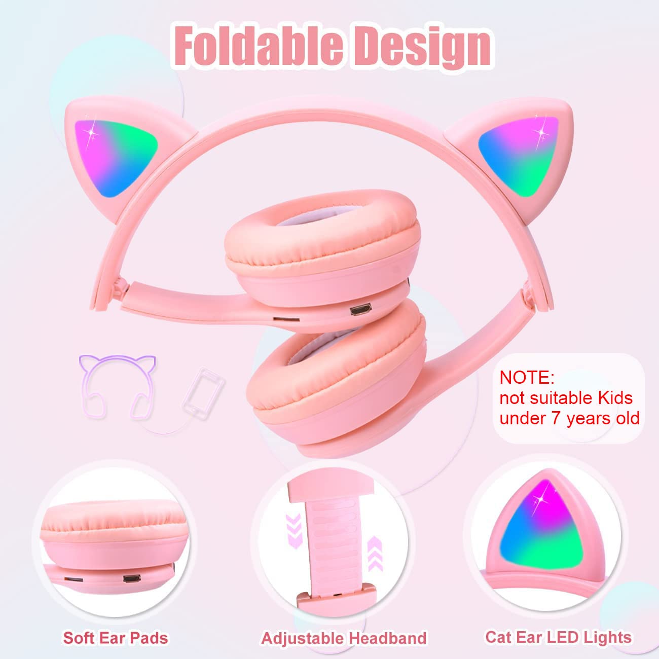 Wireless Cat Ear Headphone, Kids Headphones with Mic&LED Light Up Cat, 85dB Safe Volume Limited, Foldable Kitty Headpones for Online Learning, School, Travel, Tablet, Smartphone - Support 3.5mm Audio