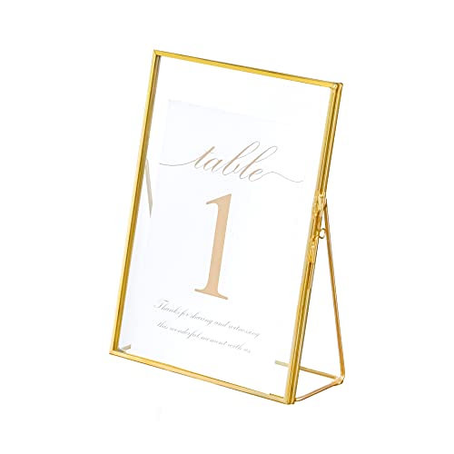 NCYP Glass Table Signs for Wedding - Small 5x7 Inches Place Card Holder - Gold Glass Photo Frame - Rectangle Display Brass Frame for Pressed Dried Flowers, Centerpiece (Glass Frame Only)