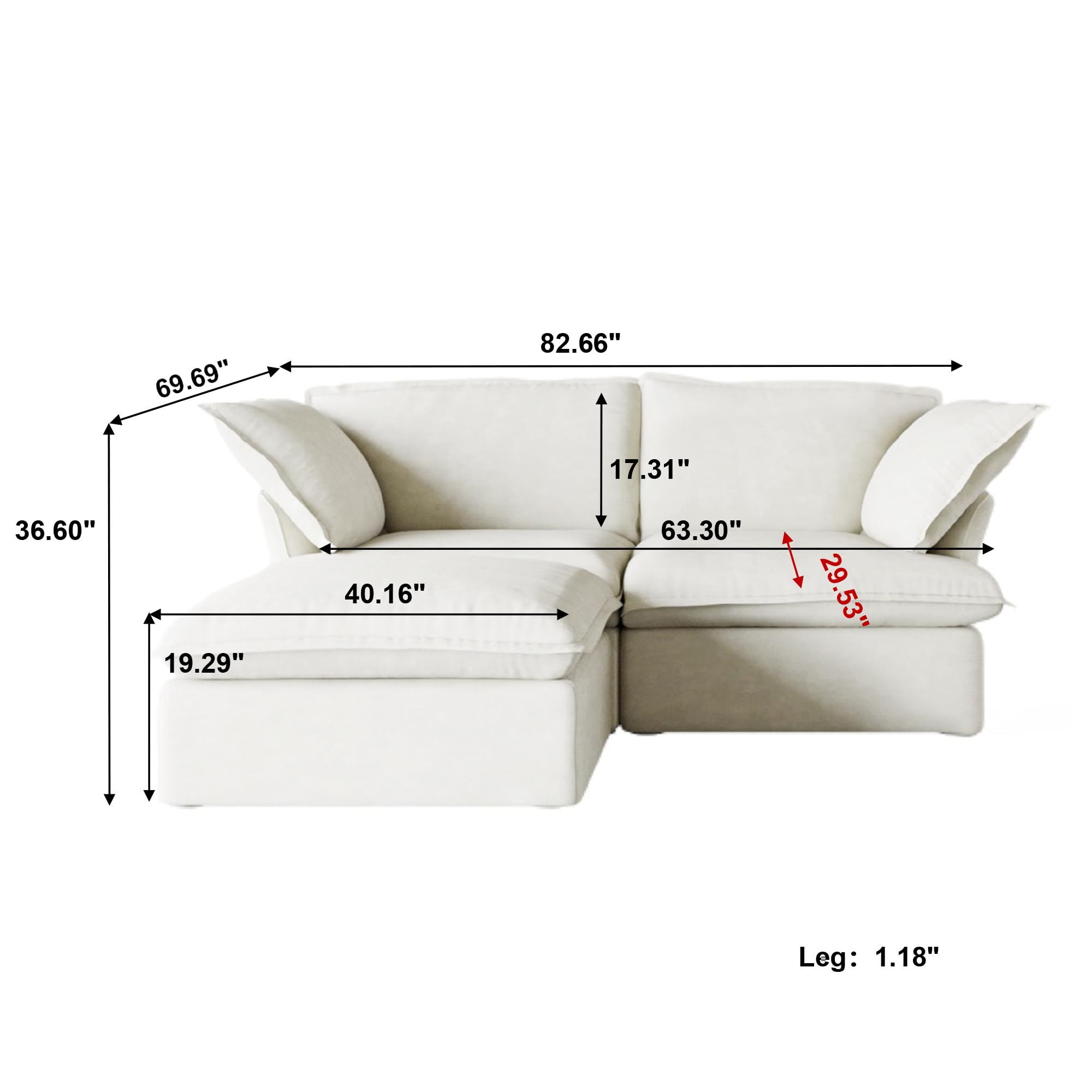 JACH 82"" Sectional Love Seat Couches, Modular Sectional Couch with Chaise Ottoman, Cushion Covers Removable, Modern Comfy Sectional Sofas for Living Room (White), 120BE-2+1
