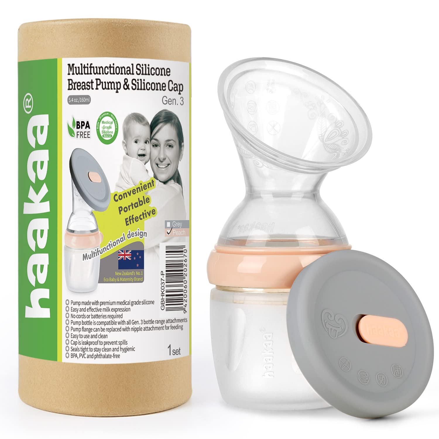 haakaa Gen.3 Manual Breast Pump with Cap Combo 5.4oz/160ml | Multi-Functional Silicone Breast Pump for Breastfeeding | Includes Leak and Dust Proof Cap, Color: Peach