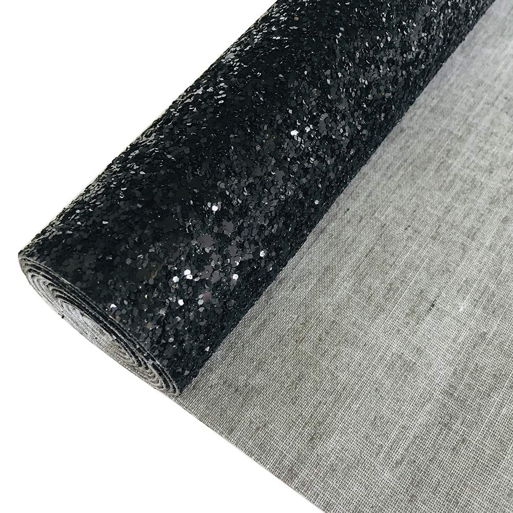 SOV Ultra Chunky Glitter Fabric Vinyl Sparkle Faux Leather Perfect for Key Chain Bows Craft Bag Cover Sewing Patchwork DIY Craft Thick Canvas Back 8” x 53” (21cm x 135cm) 1 Roll (Black)