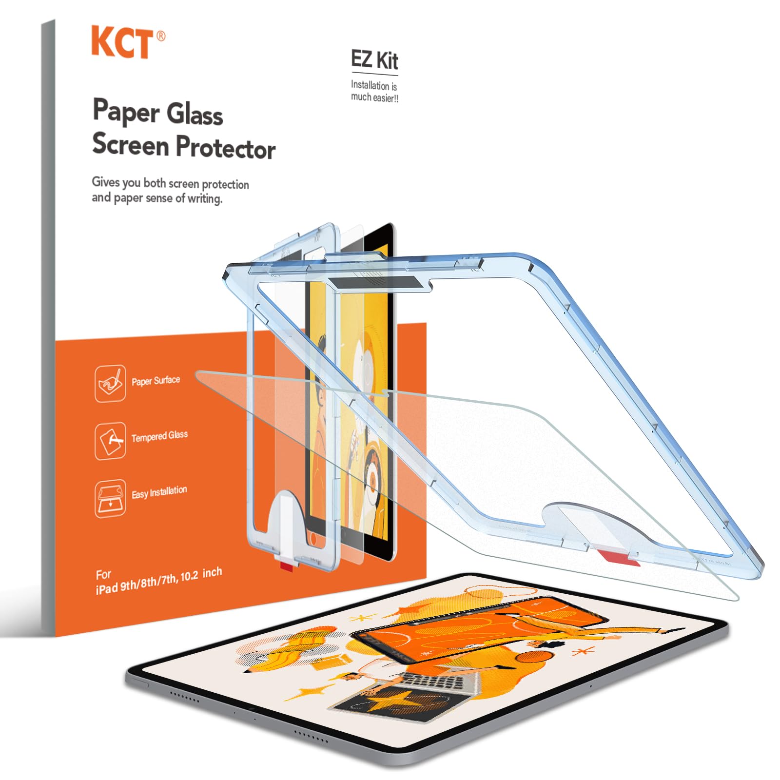 KCT Paperfeel Glass Screen Protector Compatible with iPad 9th Generation/iPad 8th Generation/iPad 7th Generation (iPad 10.2 Inch), Auto-Alignment Tool, Tempered Glass, EZ Kit