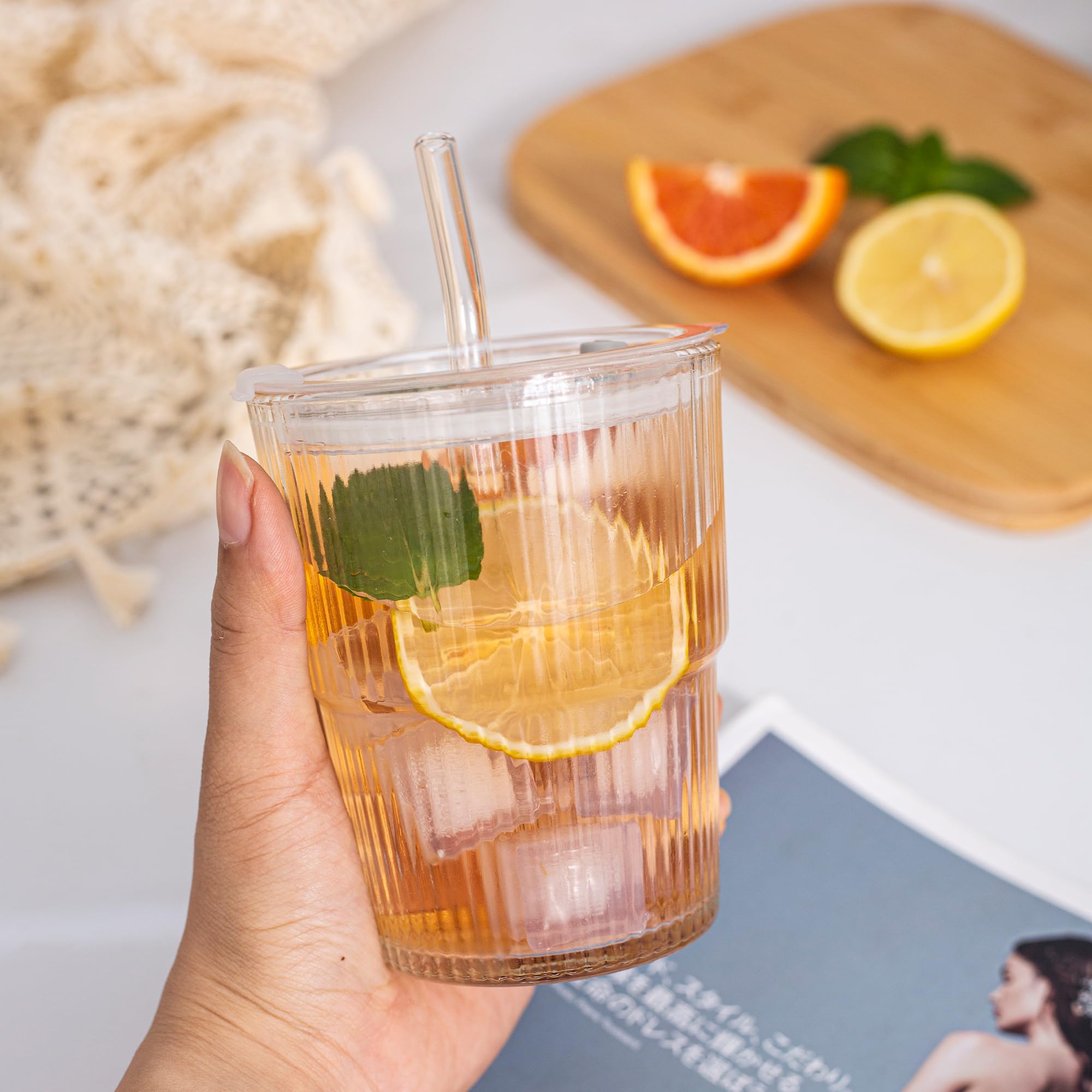 QWEZXO 13OZ/400ML Ice Coffee Glass Tumbler, Thick Wall Water Glass Cup Mug Tea with Straw and Lid Sealed Carry On (Clear)