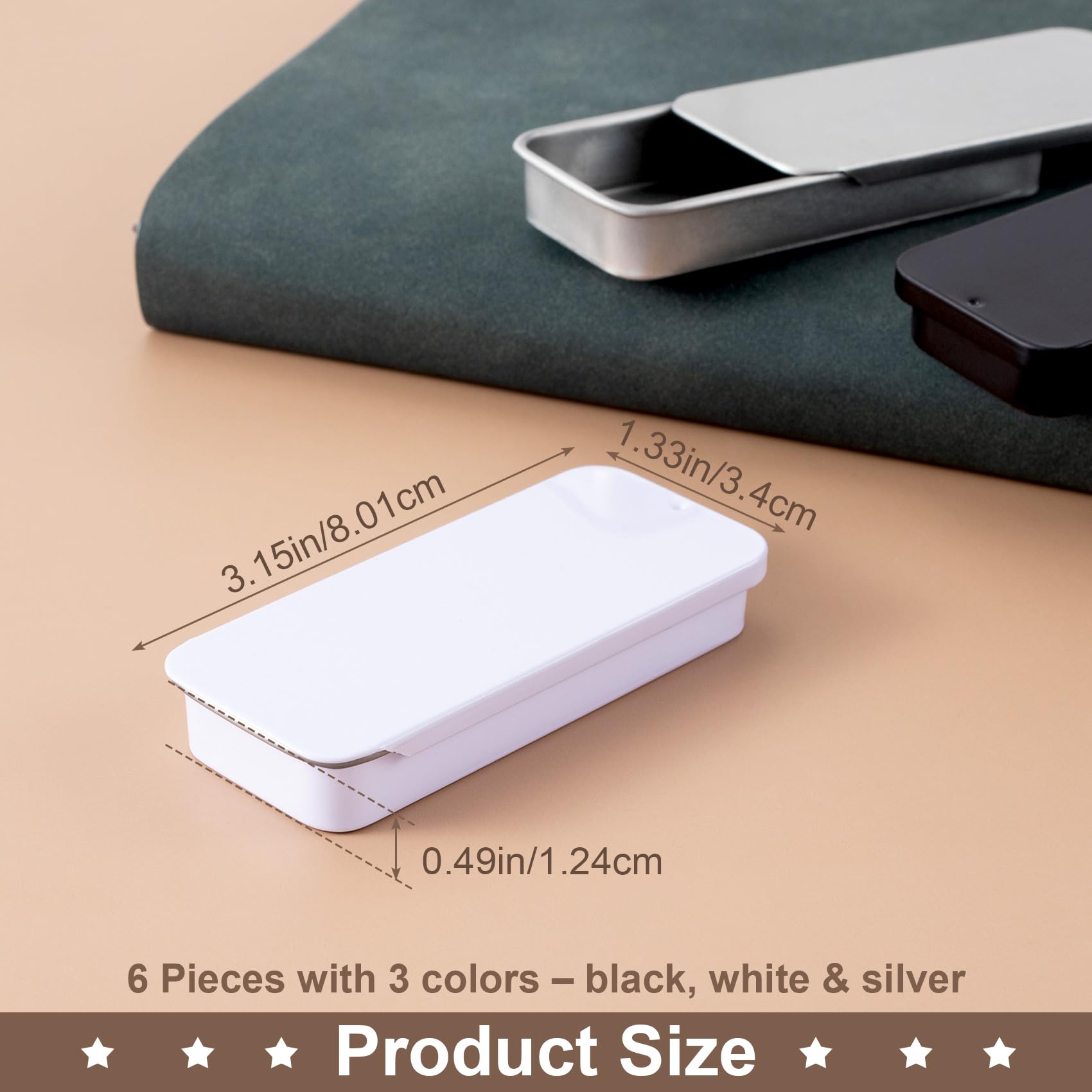 OIIKI 6pcs Small Slide Top Tin Box, Metal Rectangle Storage Boxes, Empty Tin Case Containers for Storage Candy Pills Earrings Jewelry Lipstick Toothpicks- 2 Silver & 2 Black & 2 White