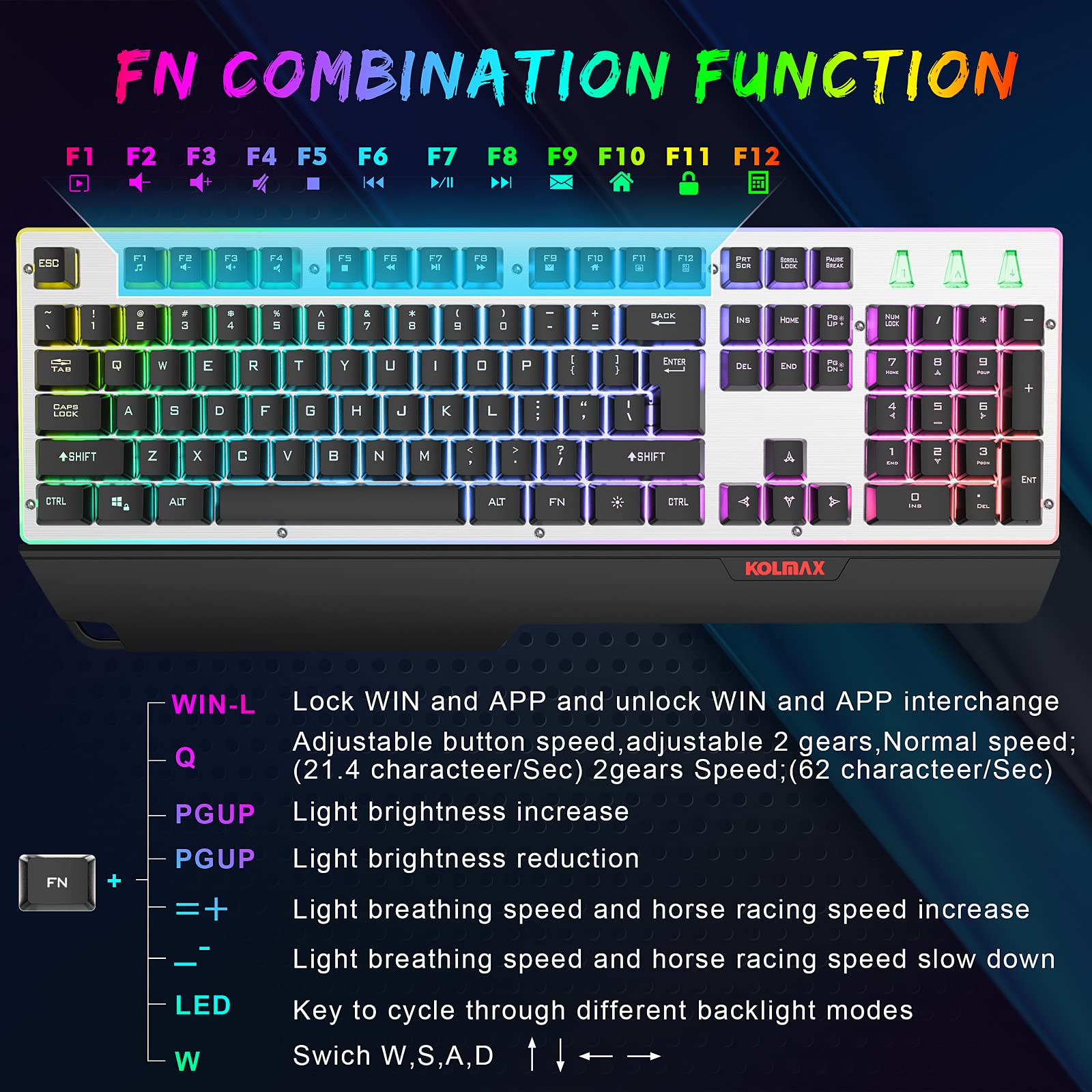 Gaming Keyboard Colorful Rainbow LED Backlit Keyboard with Ergonomic Detachable Wrist Rest,Transparent Aluminum Panel Keyboard with Mechanical Feeling 104 Keys for PC PS4 Xbox Mac,Office/Gaming