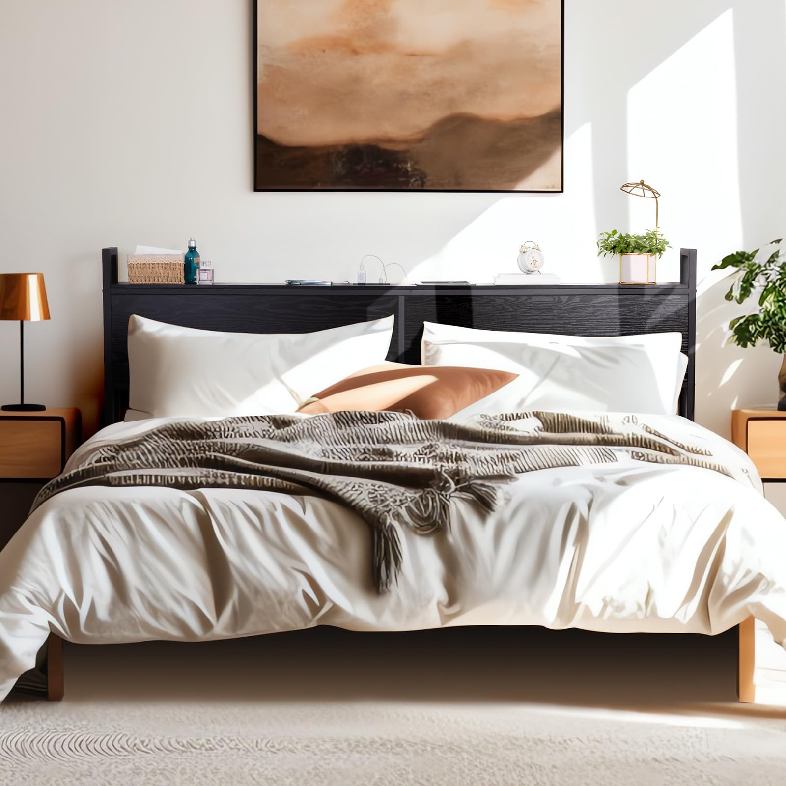 LOAKEKEL Queen Headboard Only, Headboard Queen Size with Outlets and USB Ports, Adjustable Height, Wood Platform Bed Headboard with Storage Rack, Easy Assembly, Black HB051BK