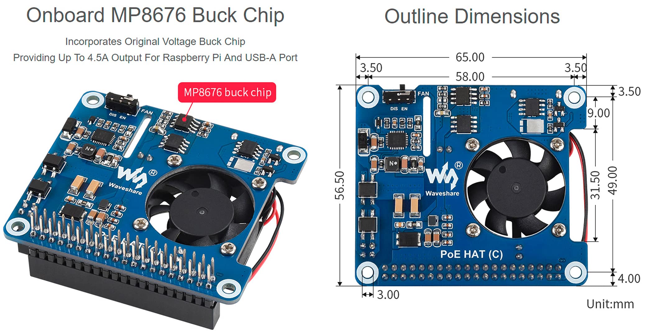 Power Over Ethernet (C) for Raspberry Pi 4B/3B+, POE HAT Board with Cooling Fan,Support IEEE 802.3af/at-Compliant Network,5V USB-A & 12V Header Outputs to Use More Peripherals