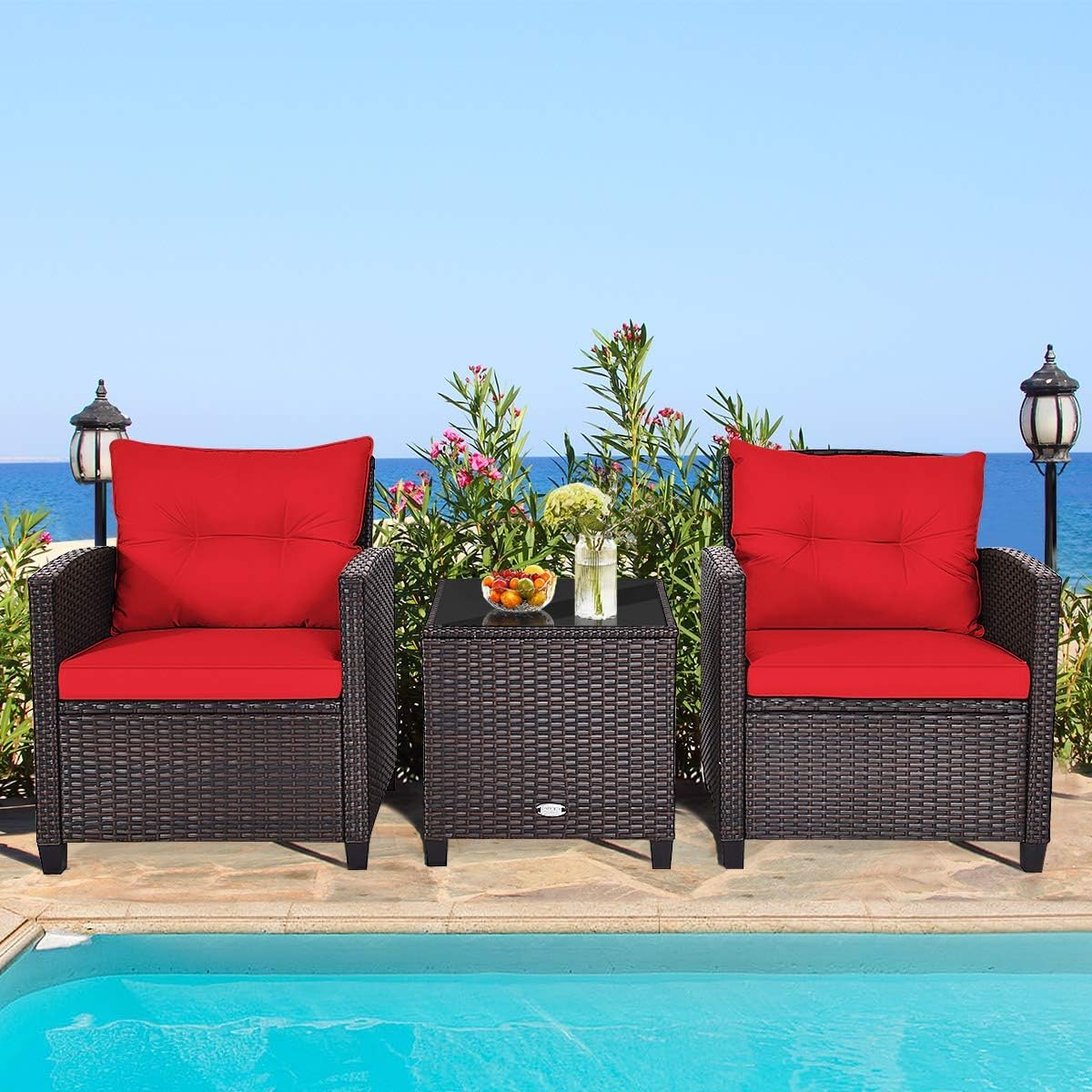 LDAILY Patio Furniture Set, 3 Pieces PE Rattan Wicker Patio Sofa Chairs with Washable Cushion & Glass Table, Outdoor Furniture Conversation Sets for Porch, Balcony, Garden, Poolside (Red)