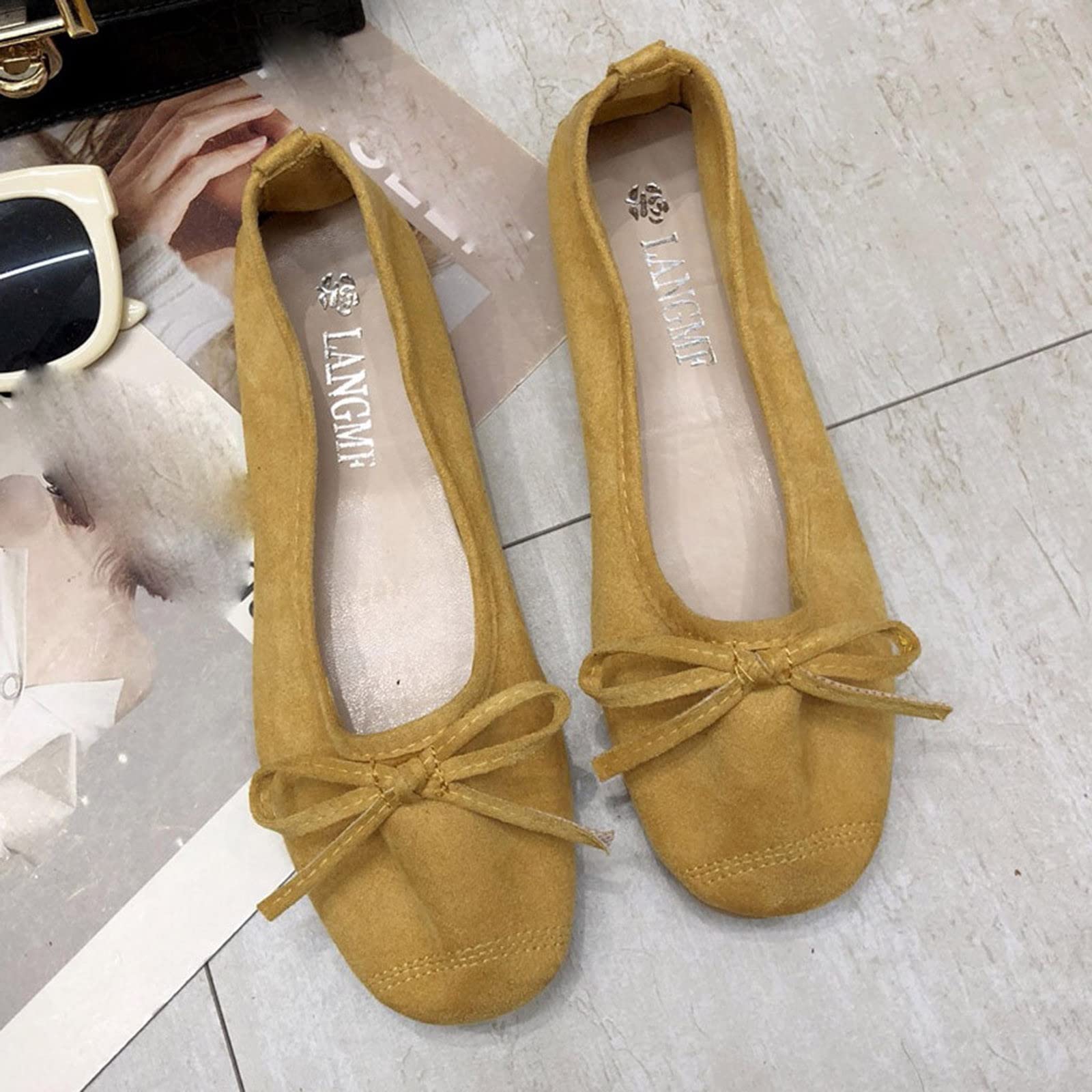 FASDNENDYS Women's Suede Bow Shallow Mouth Soft Sole Round Toe Casual Shoes Leather Sandals Women Size 9