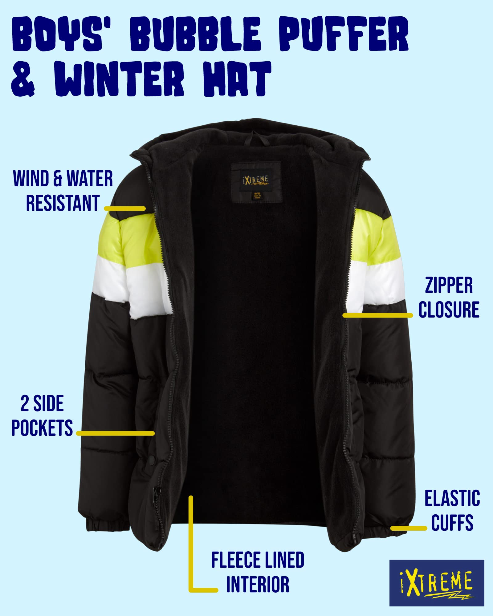 iXtreme Toddler Little Boys' Winter Jacket - Water Resistant Bubble Puffer Windbreaker Jacket (Sizes: 2T-7), Size 6, Lime/White/Black