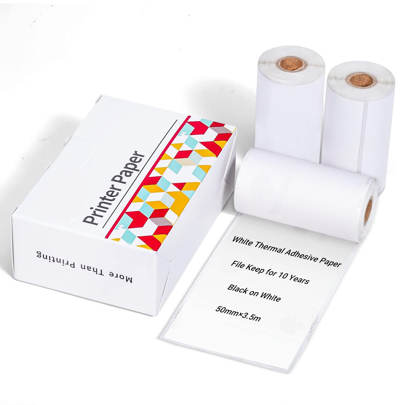 Ponek T02 Thermal Mini Sticker Printer Paper, White Self-Adhesive Paper, Black On White Paper for Journal, Photo, 50mm x 3.5m, 3 Rolls, Keep for 10 Years, Compatible with T02/M02X/M02L/Y02C/Q02