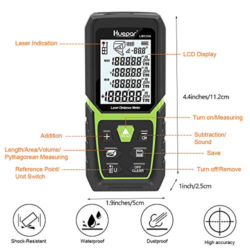 Huepar Laser Distance Meter 393Ft with Li-ion Battery & Electric Angle Sensor, Backlit LCD Laser Measure M/in/Ft with High Accuracy Multi-Measurement Modes, Pythagorean, Distance, Area&Volume-LM120A