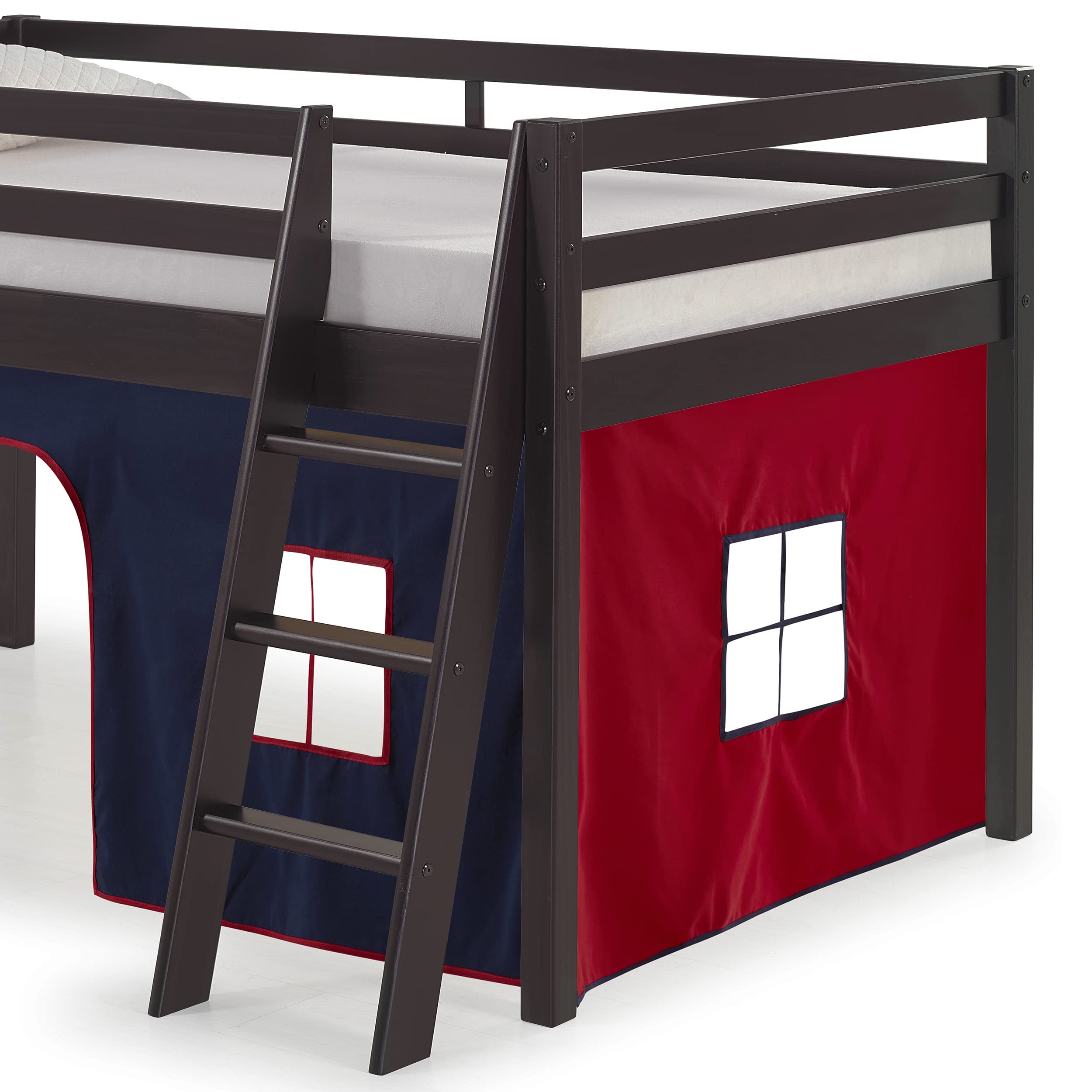 Roxy Pine Twin Junior Loft Bed, Espresso with Blue & Red Tent, Solid Wood Frame, Safety Guardrails, Flexible Ladder Position, Ventilated Playhouse Underneath, Fits Twin Mattress