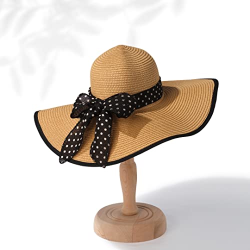 Funcredible Khaki Sun Hat for Women - Khaki Wide Brim Hat - Large Floppy Beach Hat - Straw Sun Hats with Bow and Heart Shape Glasses (Black Rim)