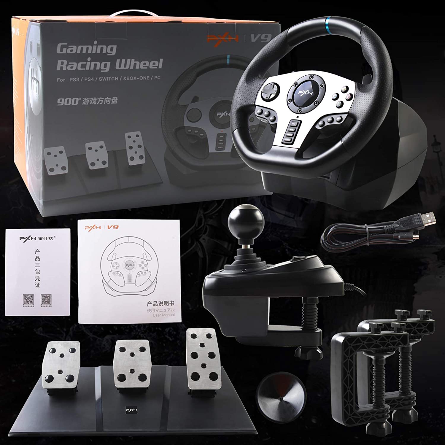 Gaming Racing Wheel, PXN V9 270°/900° Adjustable Racing Steering Wheel, with Clutch and Shifter, Support Vibration and Headset Function, Suitable for PC, PS3, PS4, Xbox One, Nintendo Switch.