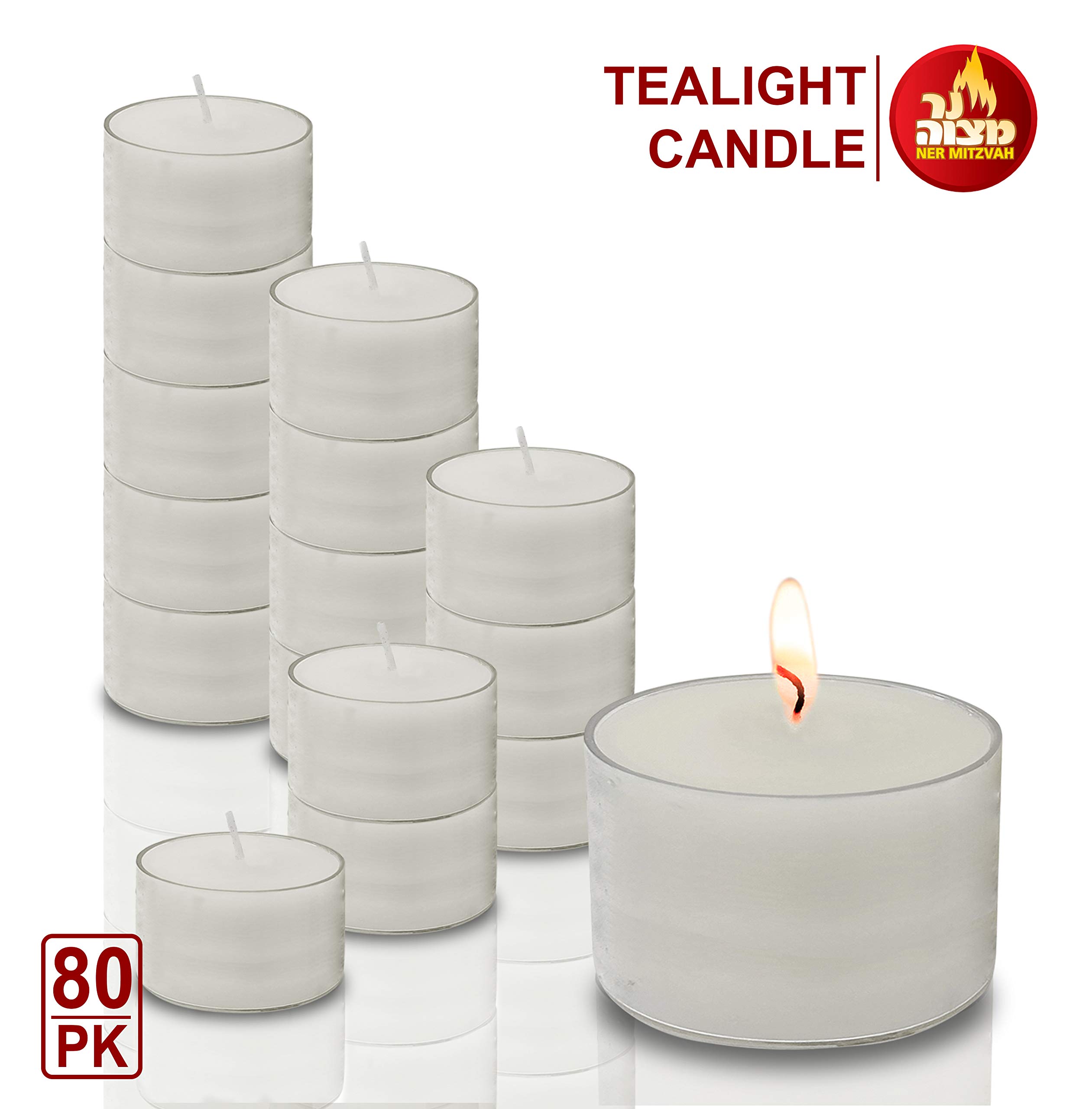 Ner Mitzvah Long Lasting Tealight Candles - 6 Hours - White in Clear Cups - Unscented - 80 Pack - Made in EU