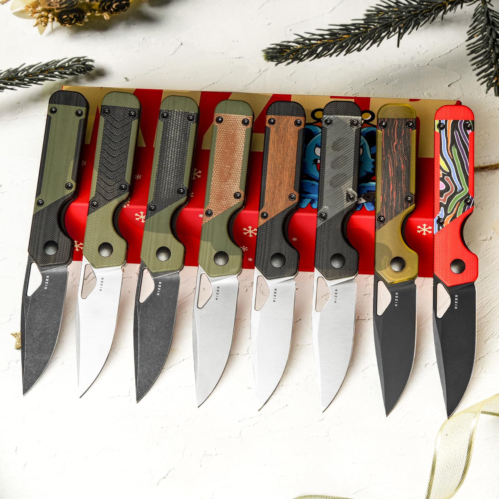 Kizer Mini Militaw Pocket Knife for EDC, 2.82'' D2 Blade Folding Knife, Brown & Green G10 Handle Small EDC Knife with Pocket Clip, Camping Hunting Knife for Men Women Gift V3634SM2