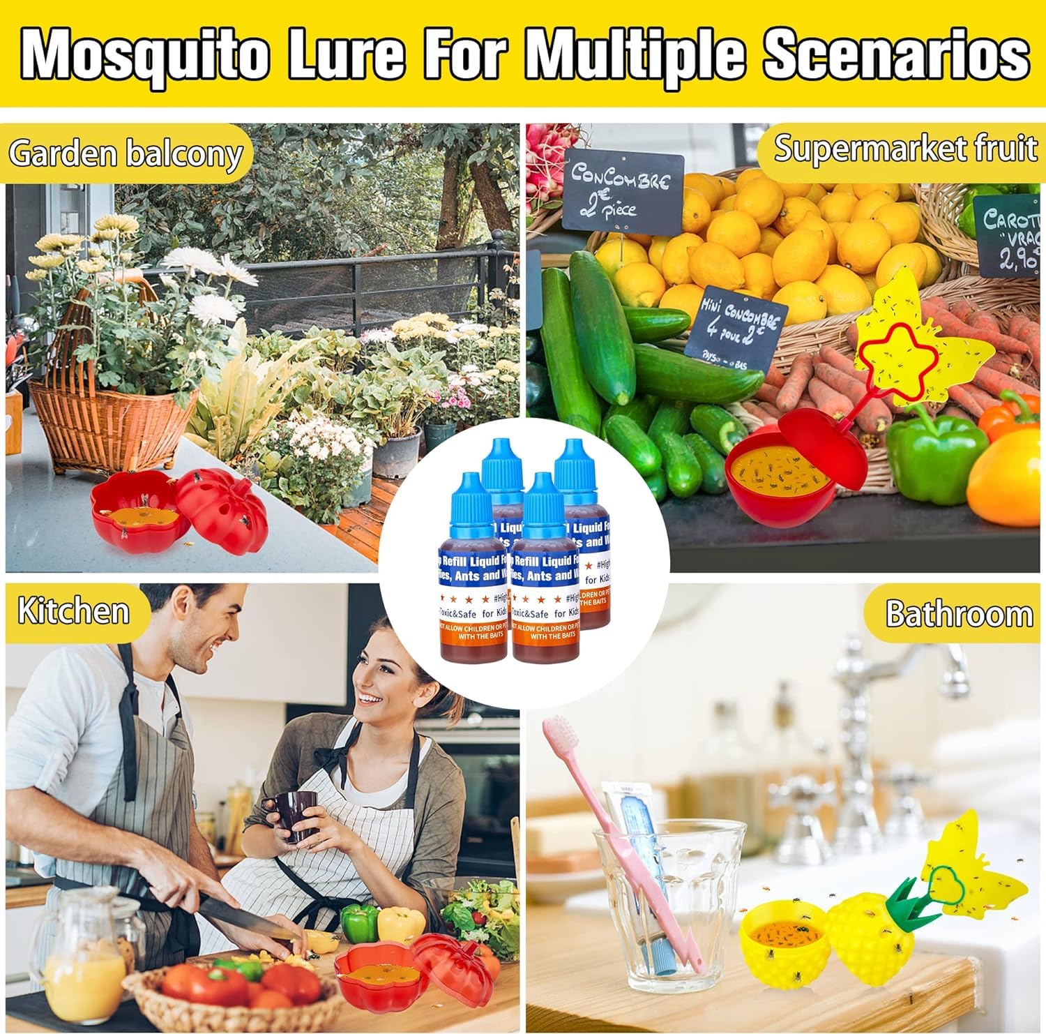 Fruit Fly Trap Refill Liquid Only,Fruit Fly Traps for Indoors,Ready-to-Use Fly Trap Refill Liquid,Fruit Fly Trap Bait Refill for Indoors,Fruit Fly Killer for Home,Kitchen(4 Pack)