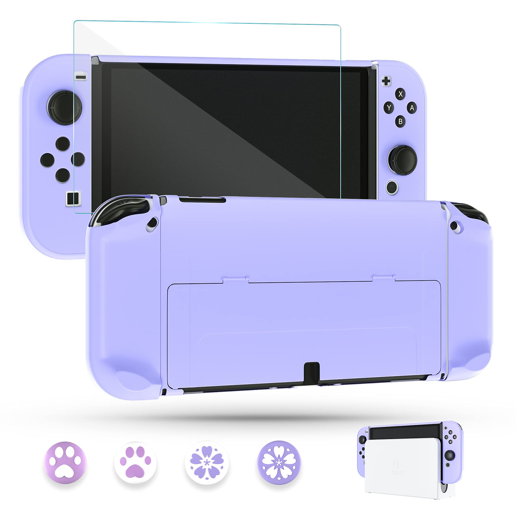 FUNDIARY Dockable Purple Case for Nintendo Switch OLED Model 2021 Skin, Accessories Cover for Switch OLED Console & Joycon with Screen Protector and 4 Thumb Grip Caps - Full Protection by Flip Shell