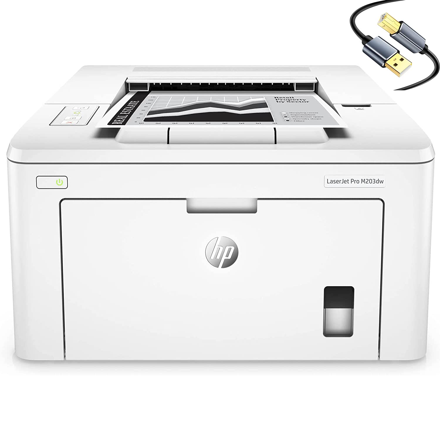 HP Laserjet Pro M203dw Single-Function Wireless Monochrome Laser Printer for Home Office - Print Only - 30 ppm, 1200 x 1200 dpi, 8.5 x 14, Auto Duplex Printing, Ethernet, Cbmou Printer Cable