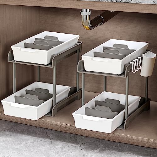 LANDNEOO 2 Tier Clear Organizer with Dividers & 2 Set, 2 Tier Pull-Out Under Sink Organizer and Storage with Dividers
