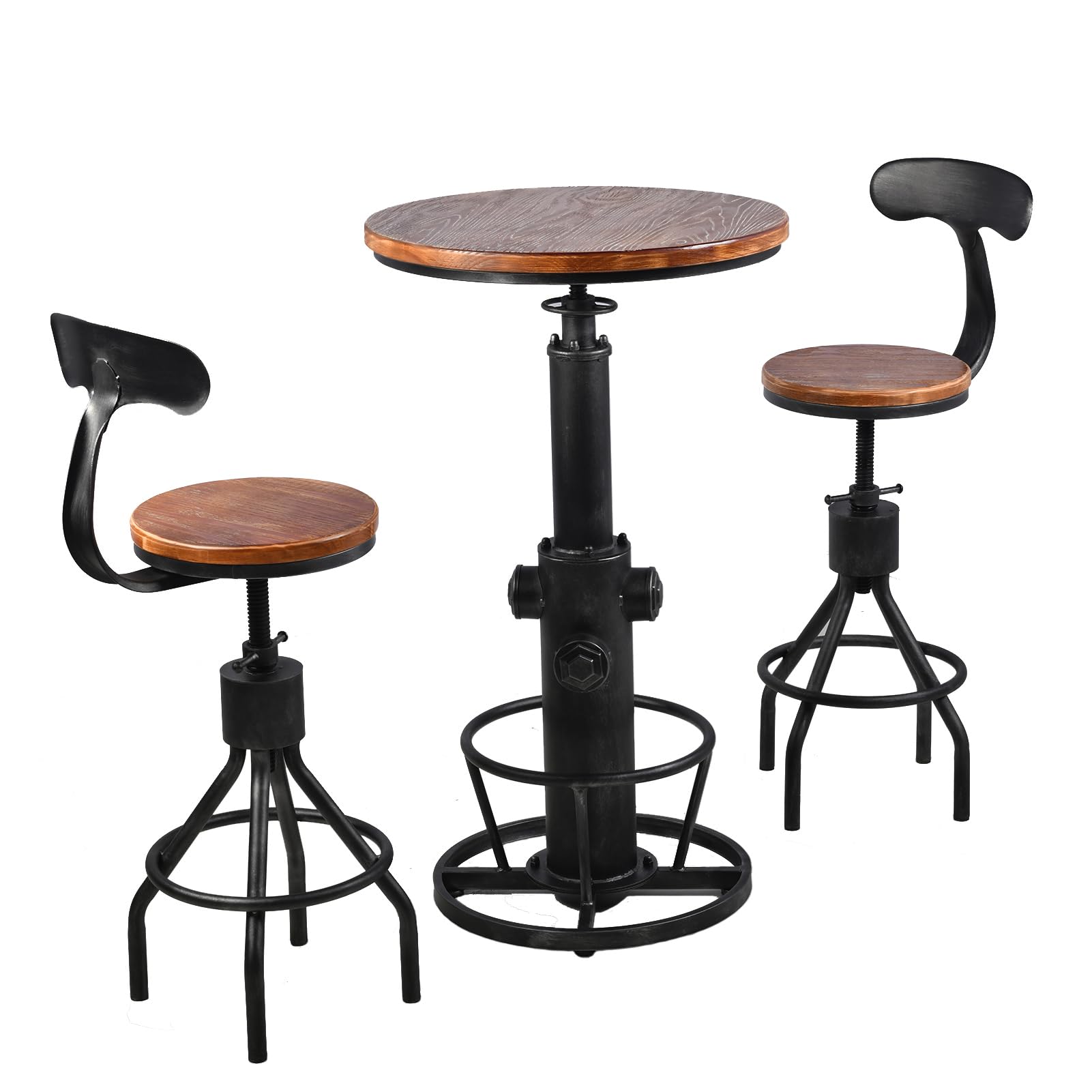 LOKKHAN 3-Piece Bar Table (38.6"-48.4") & 2 Backrest Stools (24"-30") Set for Pub Kitchen Dining Living Party Bistro Breakfast, Swivel Top, Height Adjustable, Most Weld, Space-Saving(Black&Brown)