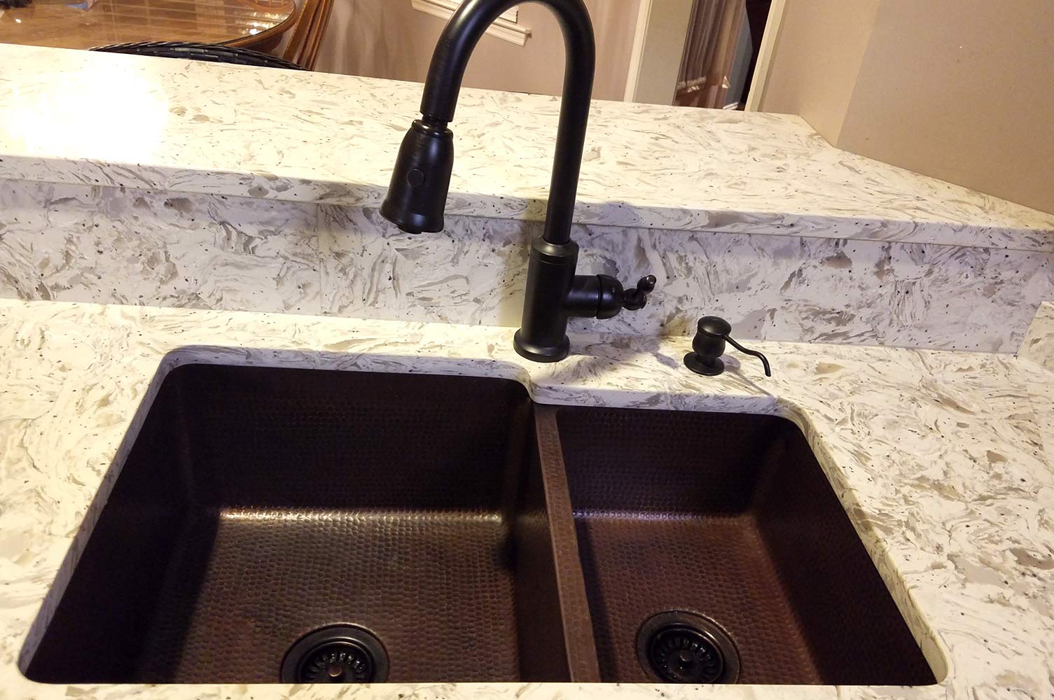 Premier Copper Products K60DB33229 33-Inch Hammered Copper Kitchen 60/40 Double Basin Sink, Oil Rubbed Bronze