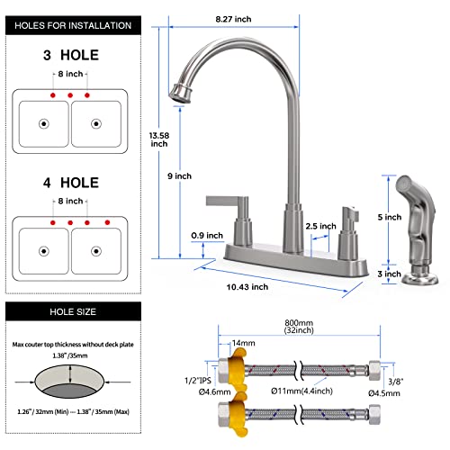 GOWIN Brushed Nickel Kitchen Faucet with Side Sprayer,2 Handle Kitchen Sink Faucet,Kitchen Faucets for Sink 3 Hole or 4 Hole,High Arc Stainless Steel 8 Inch Centerset Kitchen Faucet