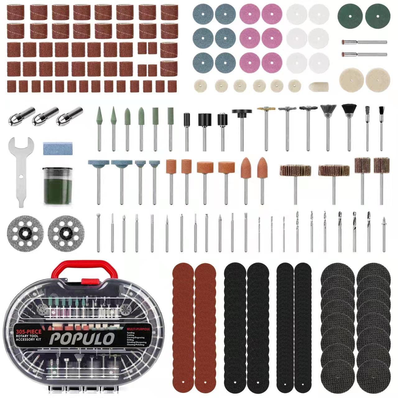POPULO 305-Piece Rotary Tool Accessories Kit, 1/8-inch Diameter Shanks, Universal Fitment for Easy Cutting, Grinding, Sanding, Sharpening, Carving and Polishing, Storage Case.…