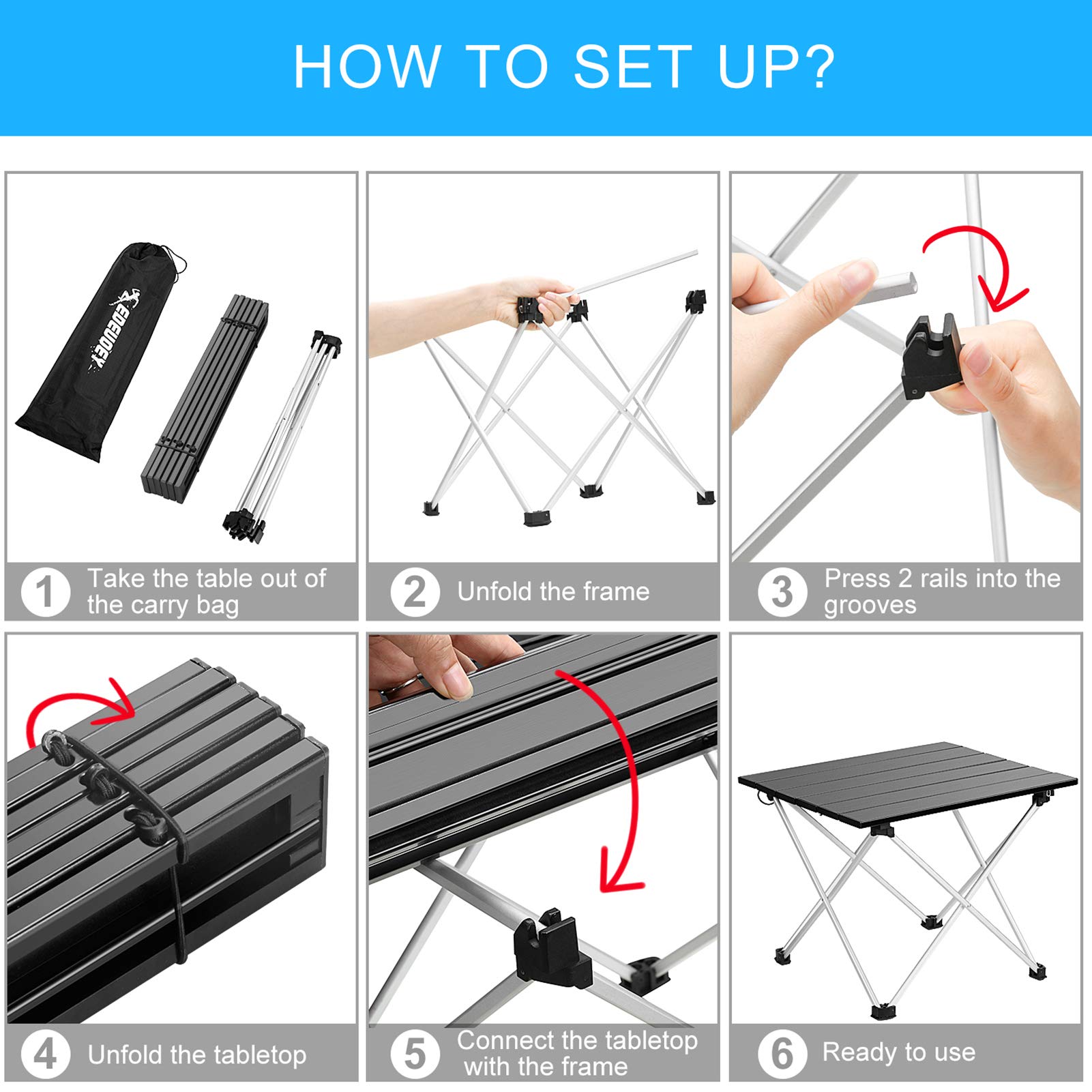 EDEUOEY Aluminum Folding Camping Table: Roll up Top Waterproof Bag Family Cooking Hiking Sand Picnic Low Mini Compact End Backpacking Outdoor Beach Collapsible Lightweight Small