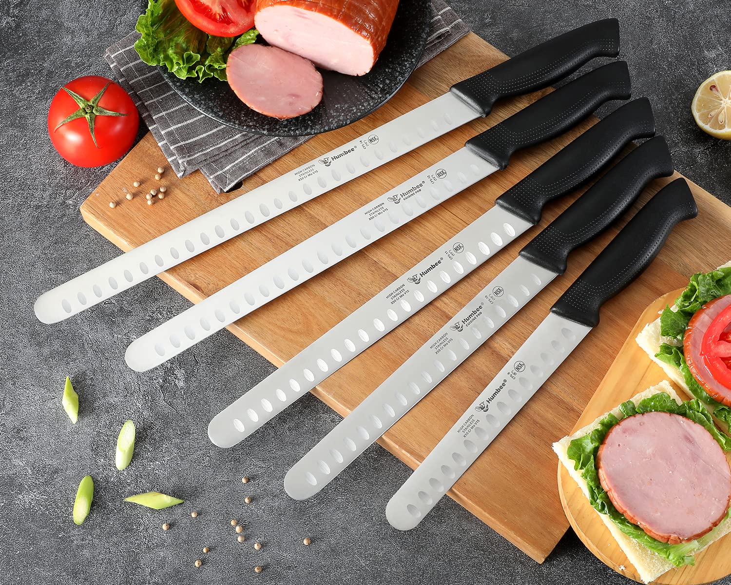 Humbee Chef 14-Inch Carving Knife with Granton Edge for Turkey Ham Meat Slicing and cutting NSF Certified CP5-14 Black