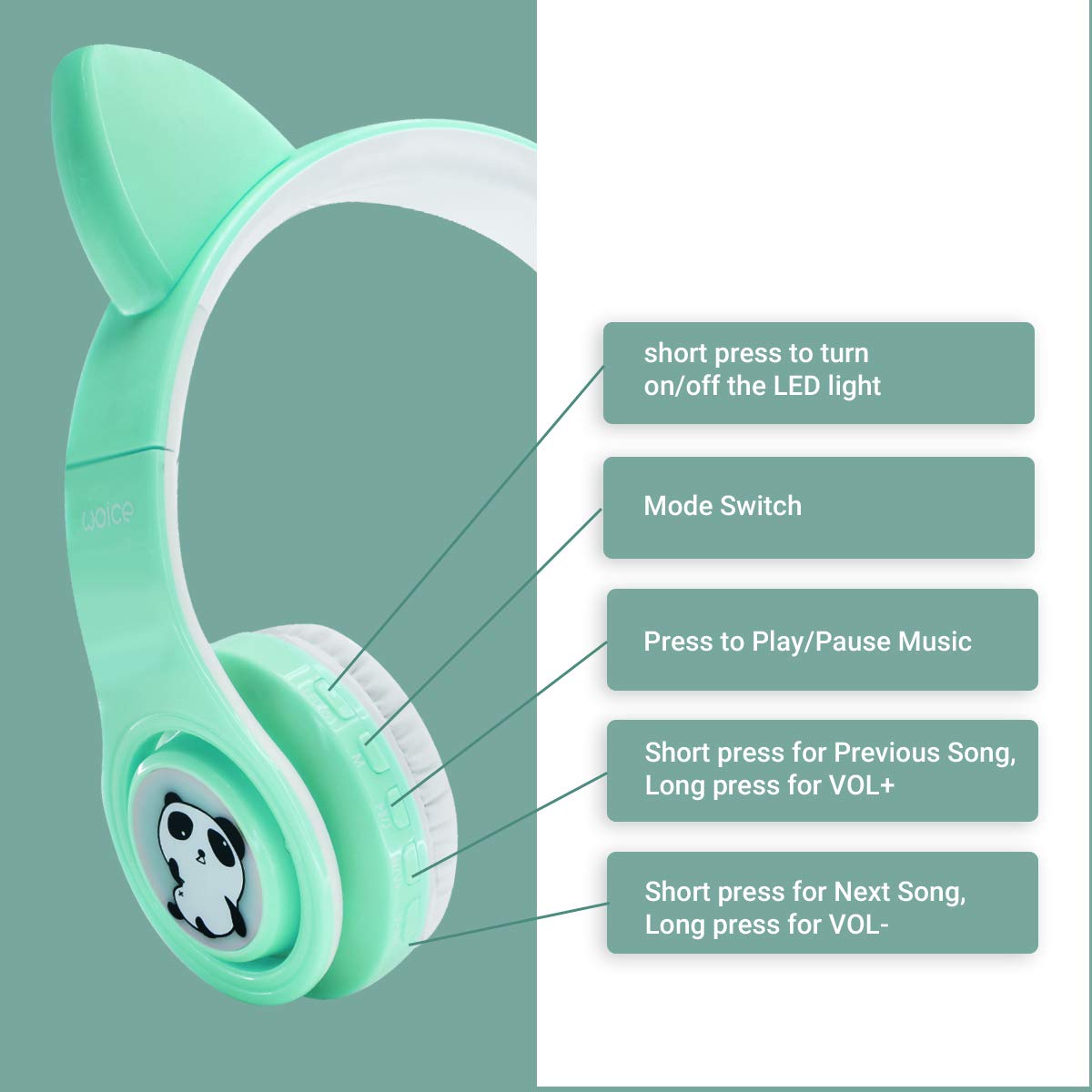 Woice Kids Bluetooth Headphones, Cat Ear LED Light Wireless Foldable Headphones Over Ear with Mic, Music Sharing Function and 0-85dB /110dB Limited for iPhone/iPad/Smartphones/Laptop/PC(Mint)